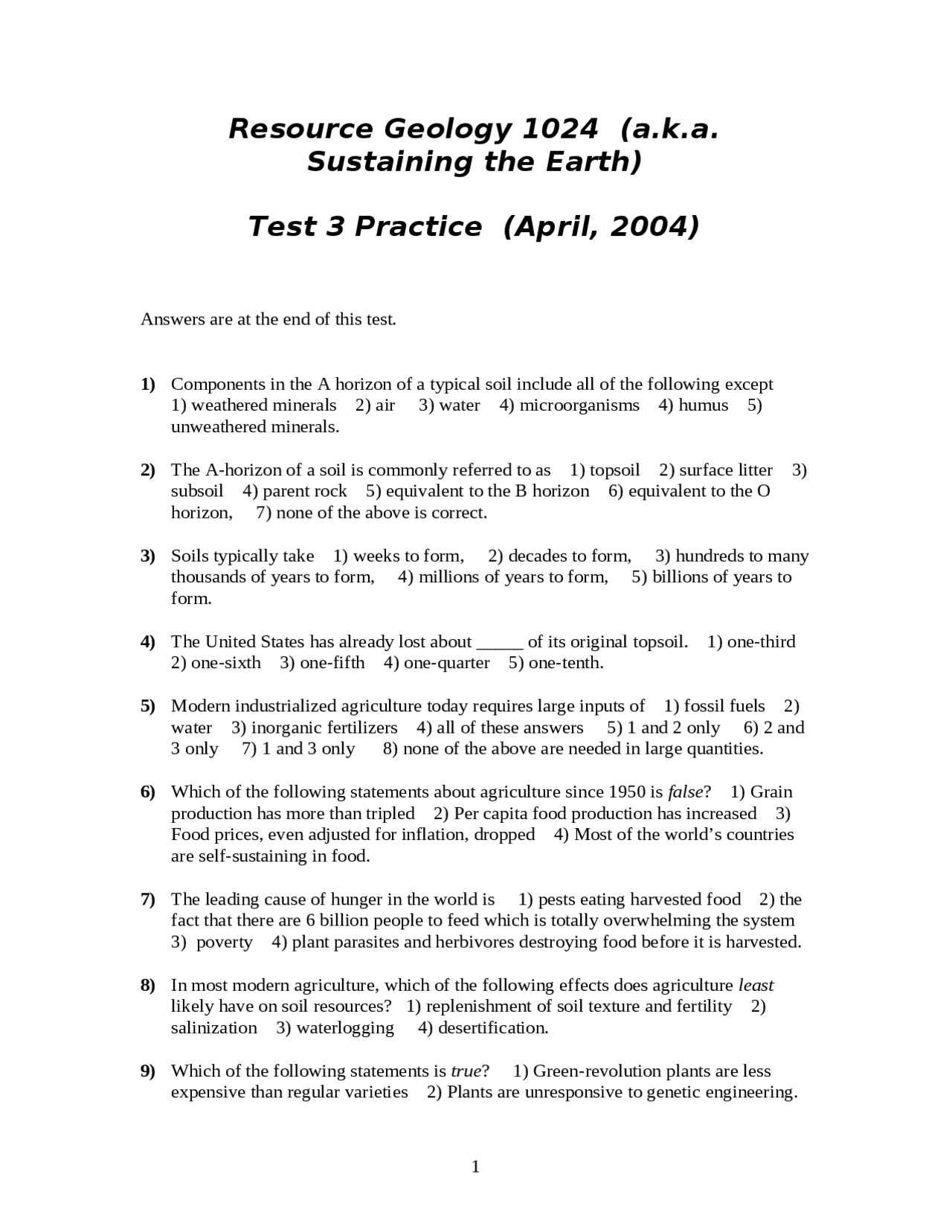 Test 3 Resources Geology Practice Geos 1024 Docsity