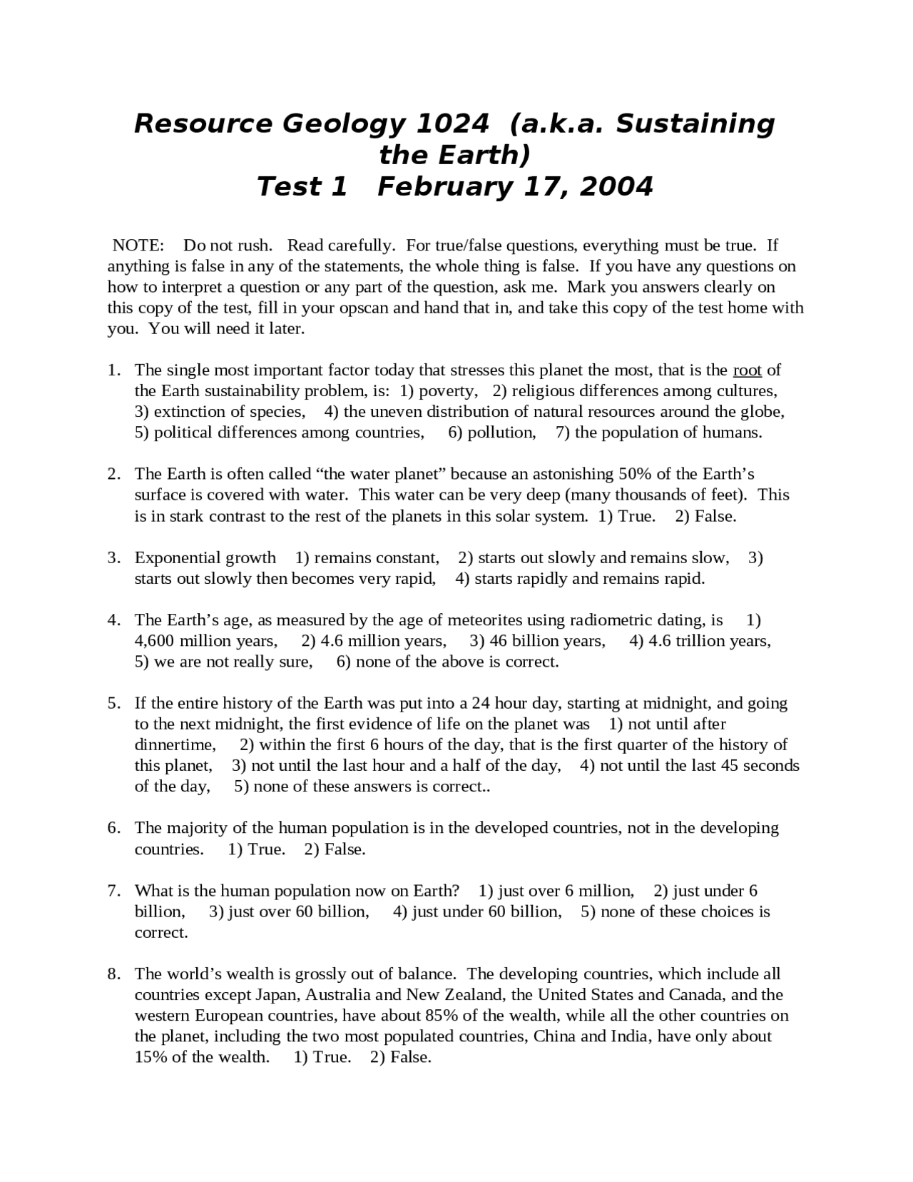 Test 1 Questions Resources Geology Geos 1024 Docsity