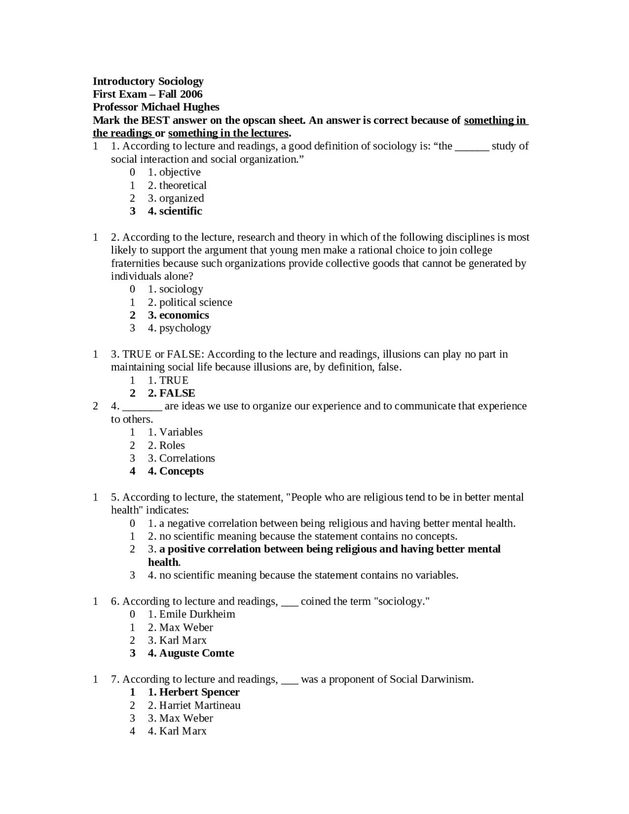 Introductory Sociology First Exam With Answers Soc 1004 Docsity