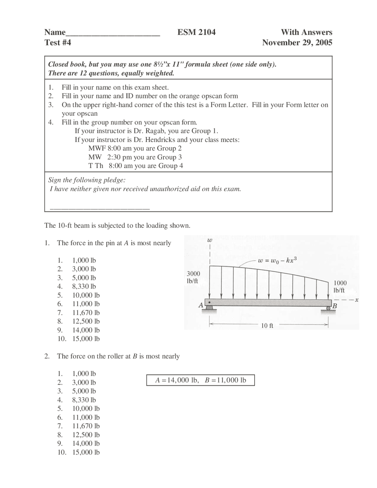 Test 4 Resolution Statics Fall 2005 Esm 2104 Docsity