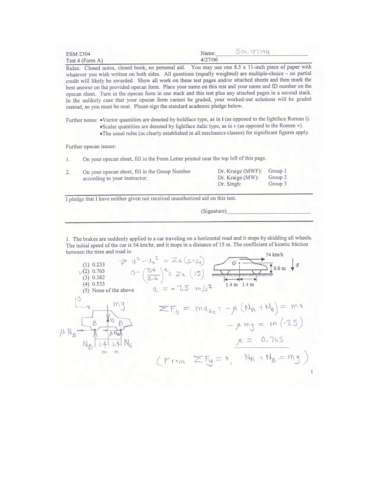Test 4 Solutions Dynamics Fall 2006 Esm 2304 Docsity
