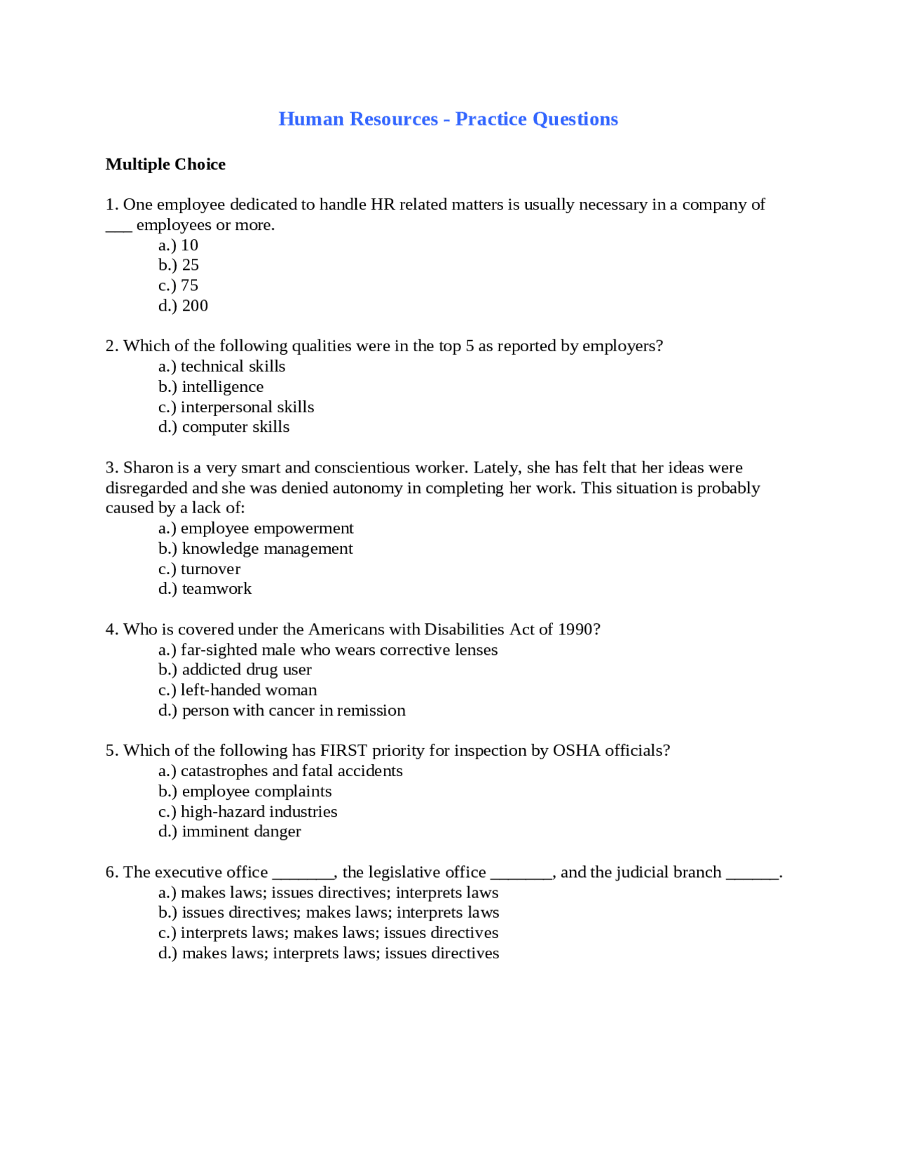 Test 1 Practice Questions - Managing Human Resources | MGT 3334 | Exams ...