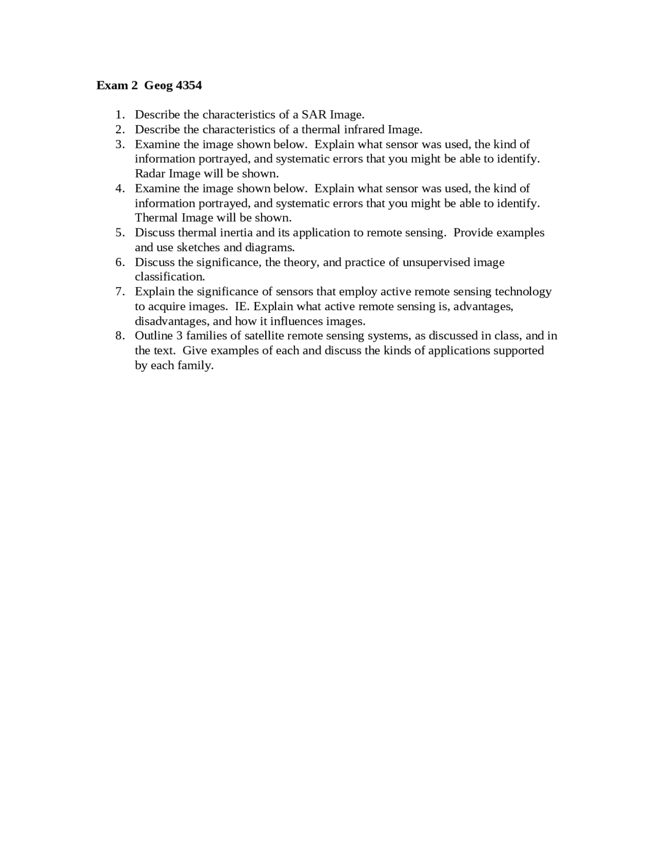 Exam 2 With Eight Questions Introduction To Remote Sensing Geog
