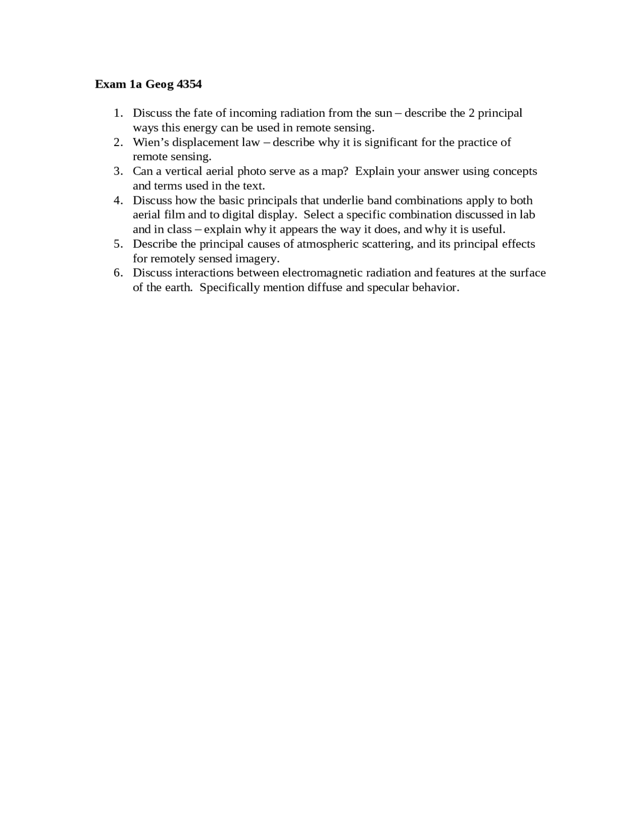 Exam 1 With Point 6 Introduction To Remote Sensing Geog 4354 Docsity