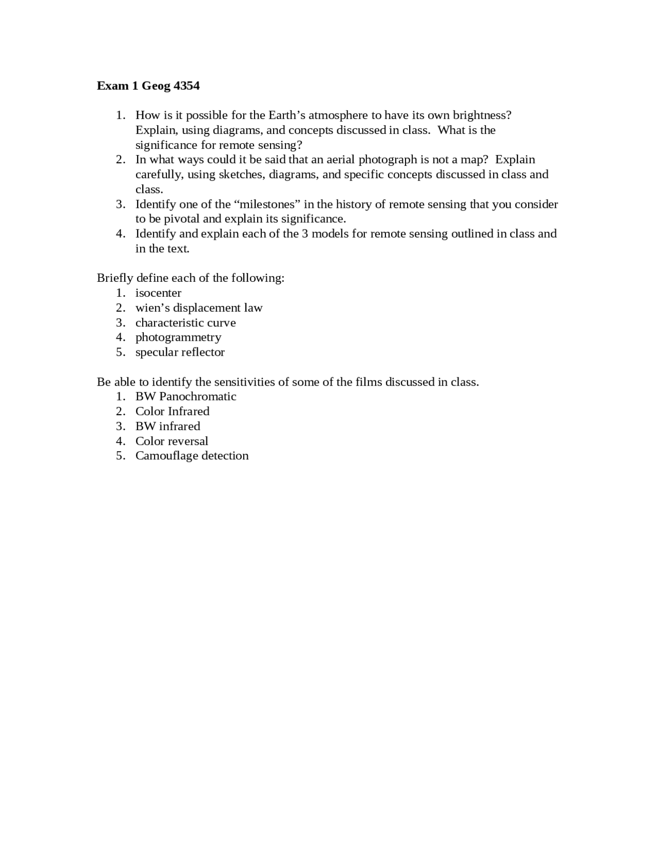 Exam 1 With Questions Introduction To Remote Sensing Geog 4354