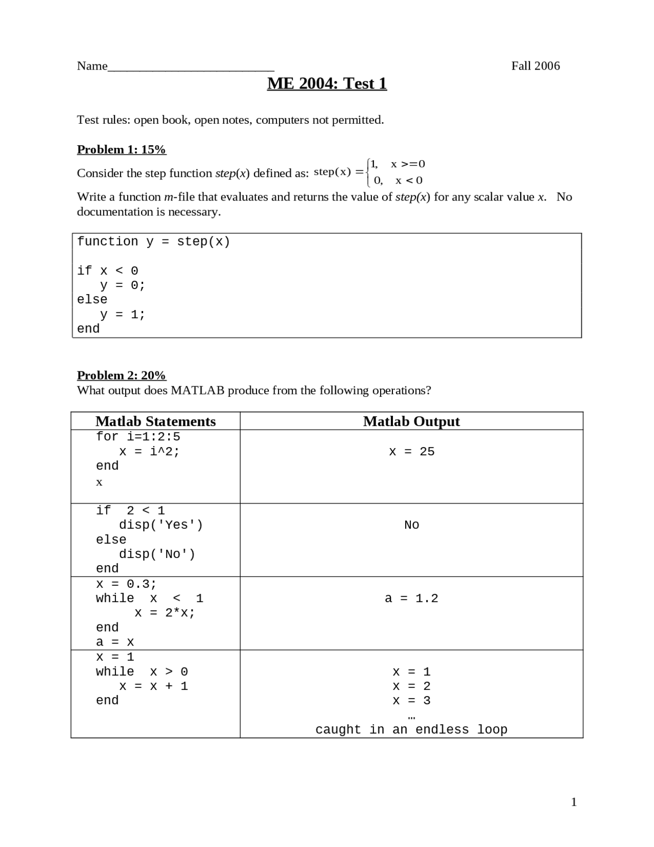 Resolution For Test 1 Engineering Analysis Numerical Methods Me