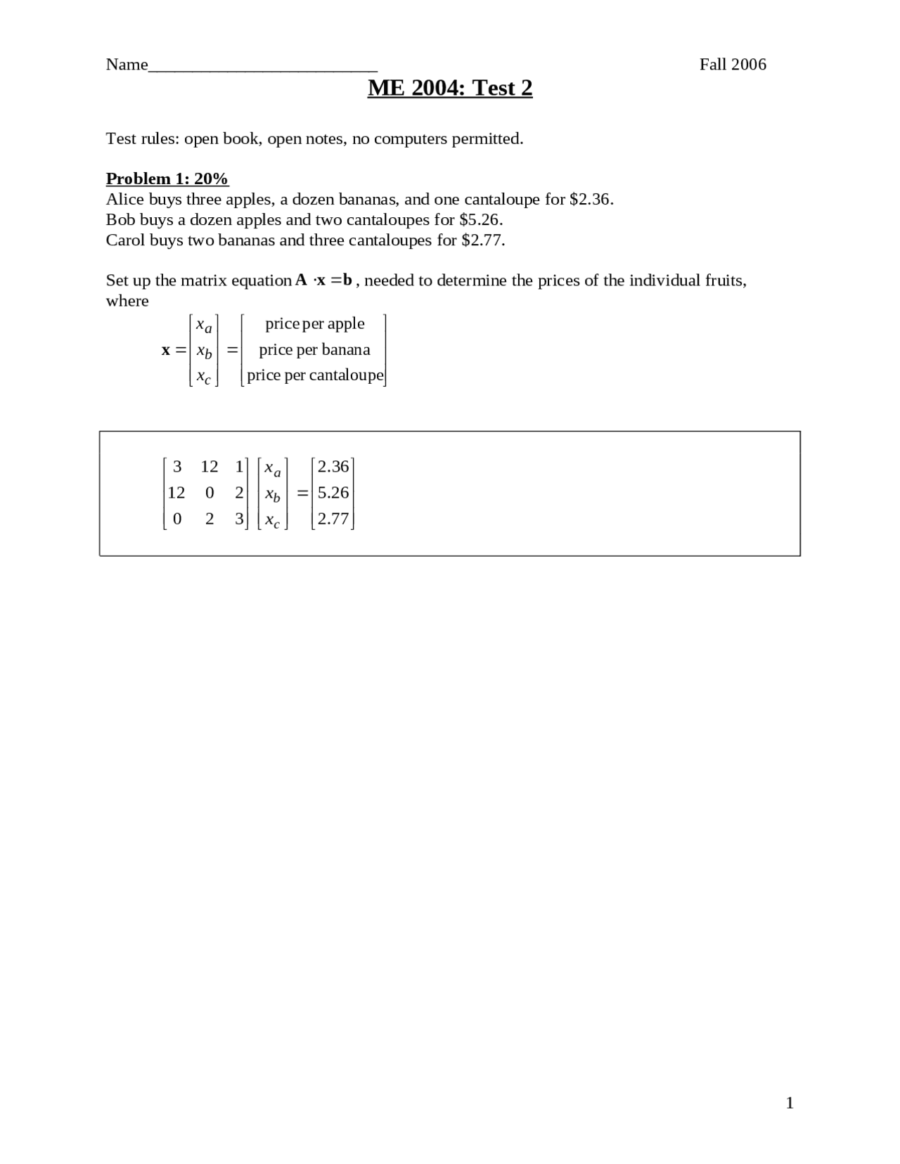 Test 2 Resolution Engineering Analysis Numerical Methods Me 2004