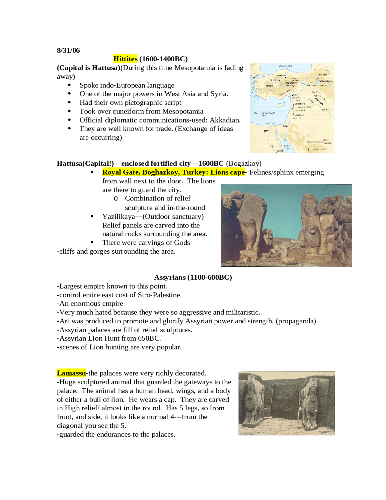 Notes on Hittites, Assyrians, Neo Babylonians | ART 2385 - Docsity