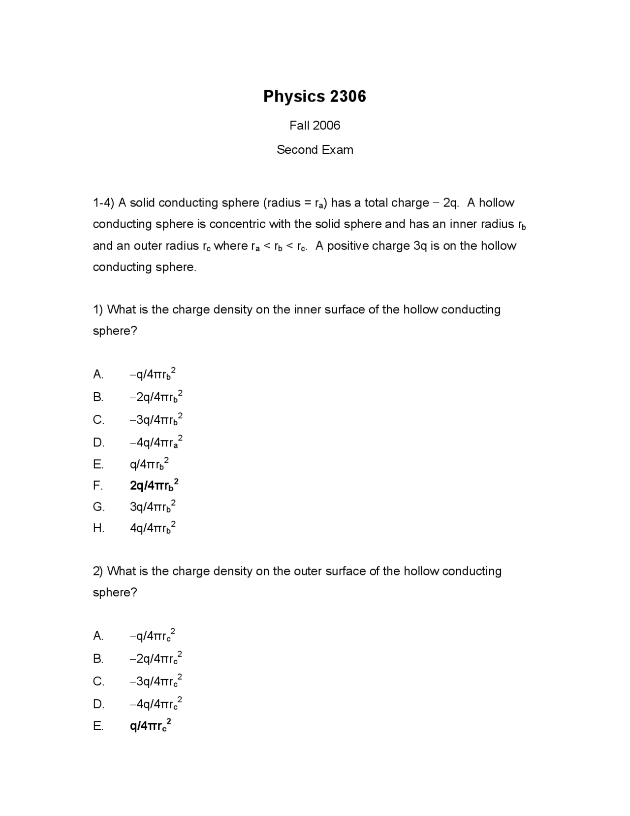 Second Exam With Answers For Foundations Of Physics I Phys 2306 Docsity