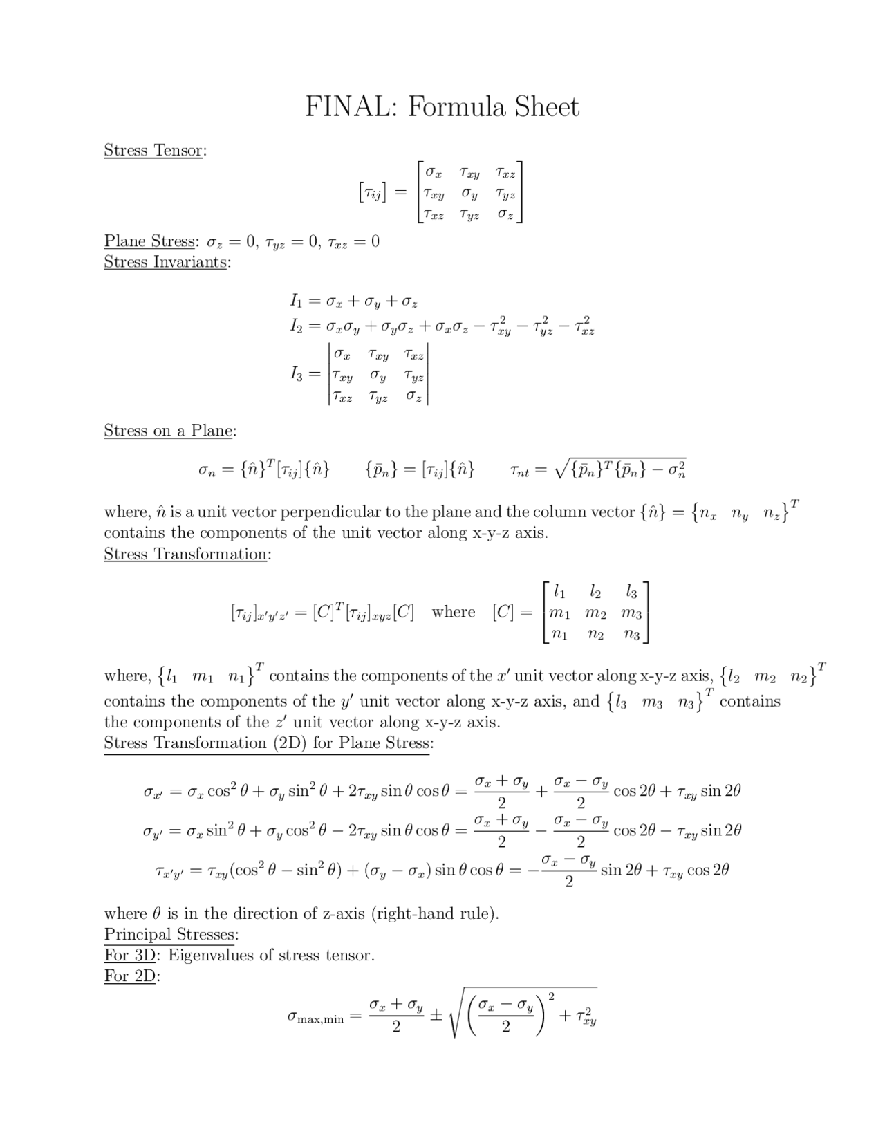 Final Formula Sheet Thin Walled Structures Aoe 3024 Docsity