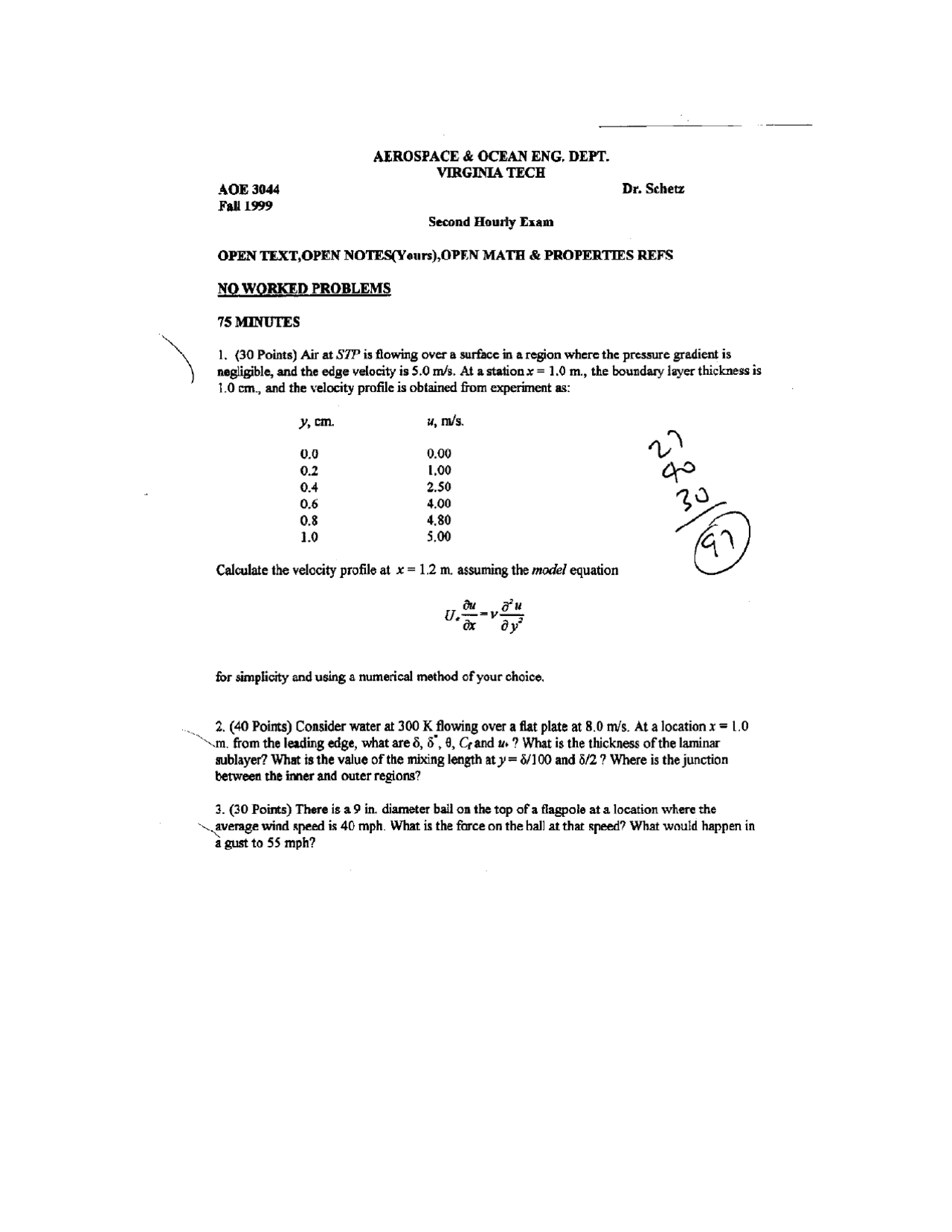 Exam 2 For Boundary Layer Theory Fall 1999 Aoe 3044 Docsity