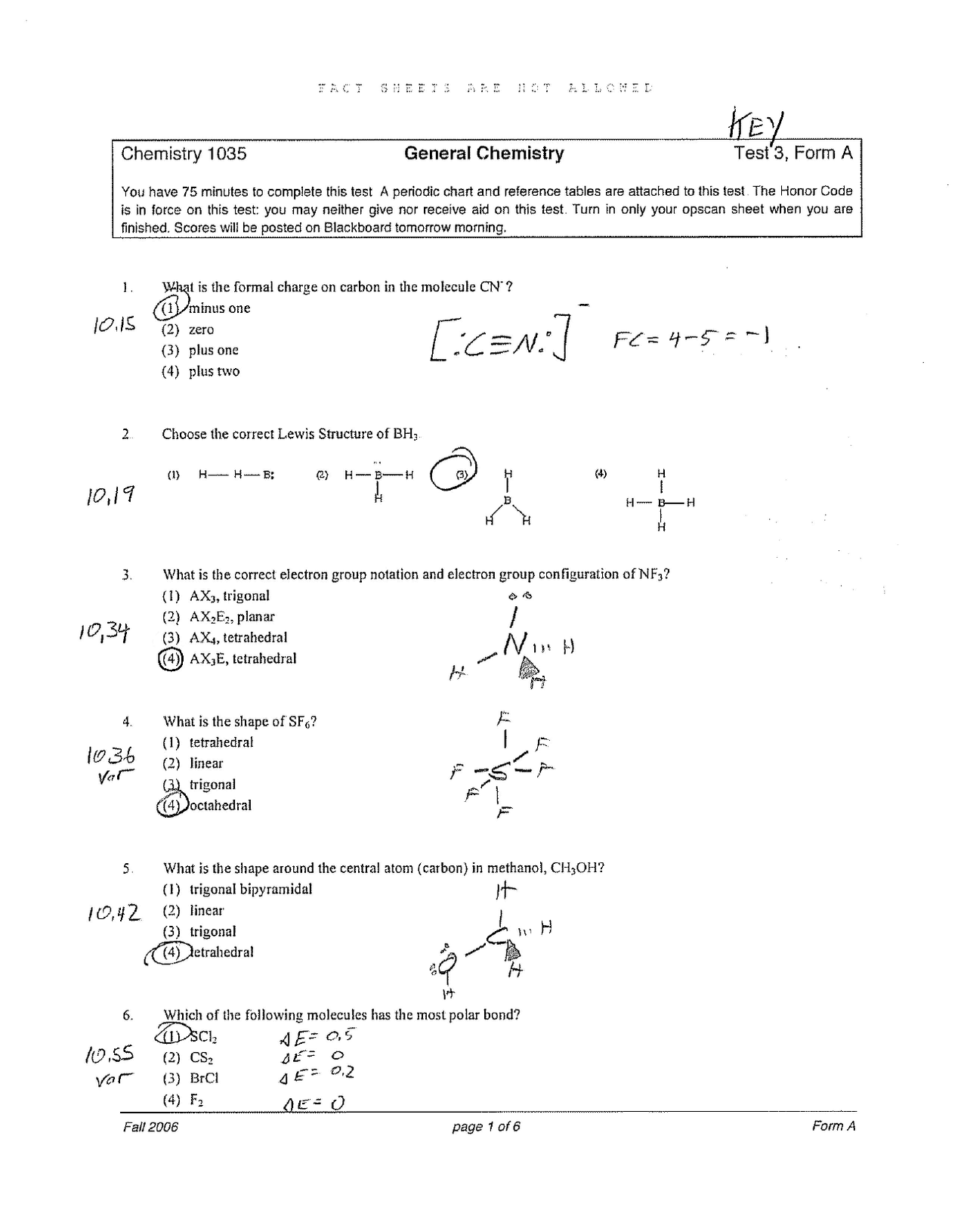 Exam 3 Answers Key - General Chemistry | CHEM 1035 - Docsity