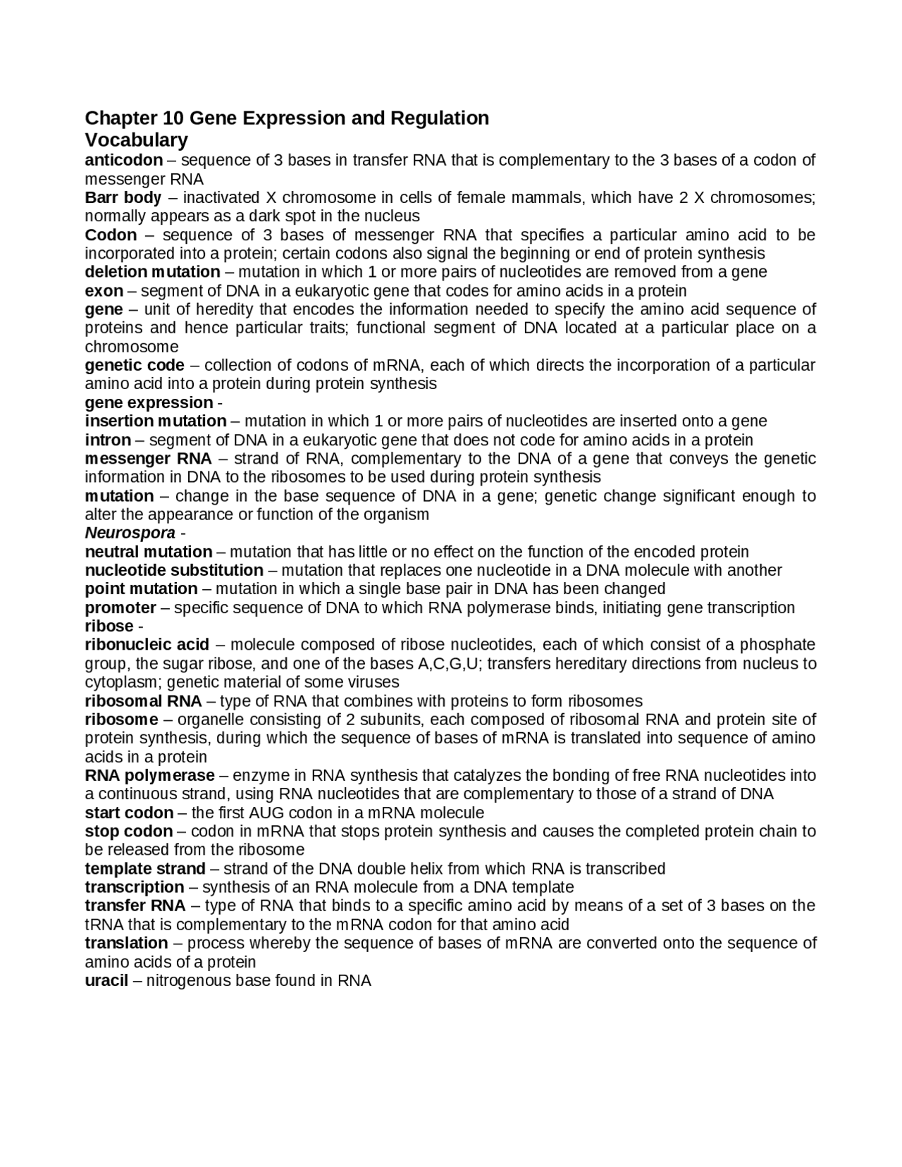 Gene Expression and Regulation - Vocabulary | BIOL 1005 - Docsity