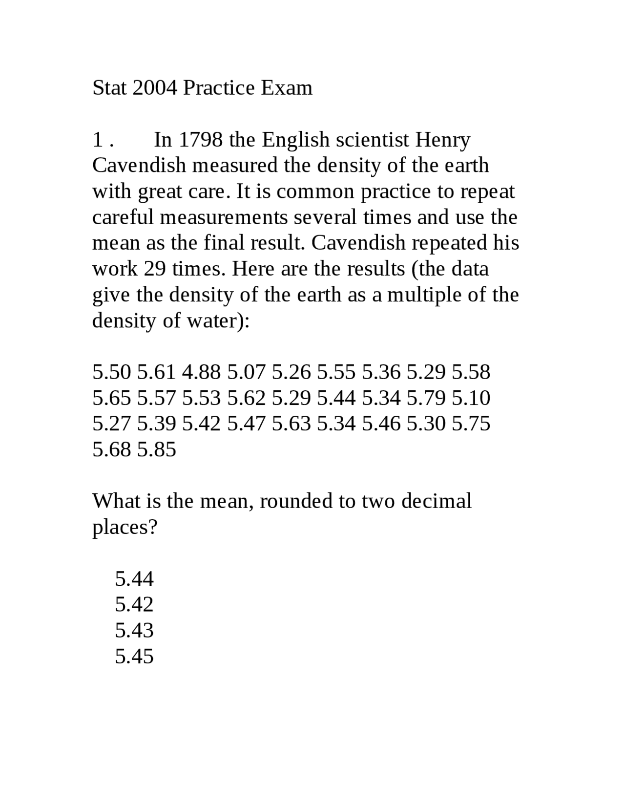Practice For Test 1 With Answers Introductory Statistics Stat 2004