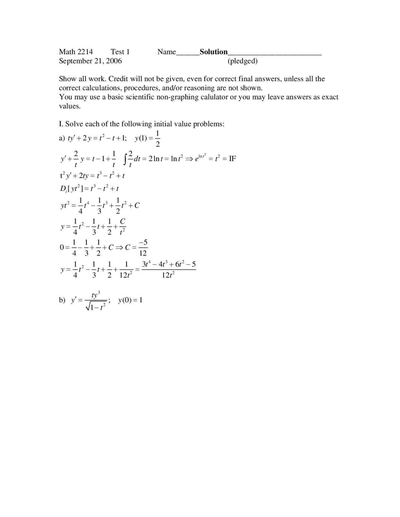 Introduction To Differential Equations Test 1 With Resolution Math