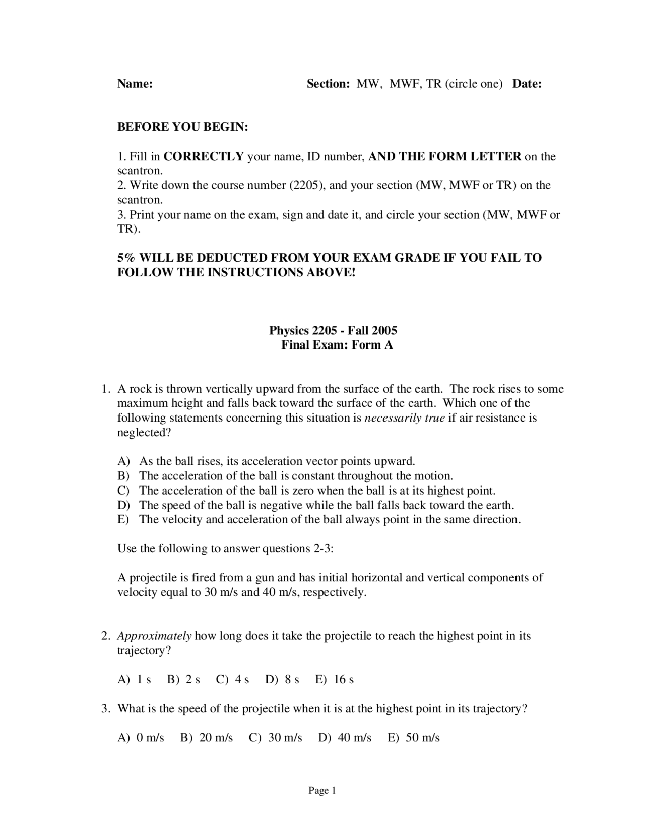 Final Exam Form A - General Physics - Fall 2005 | PHYS 2205 | Exams ...