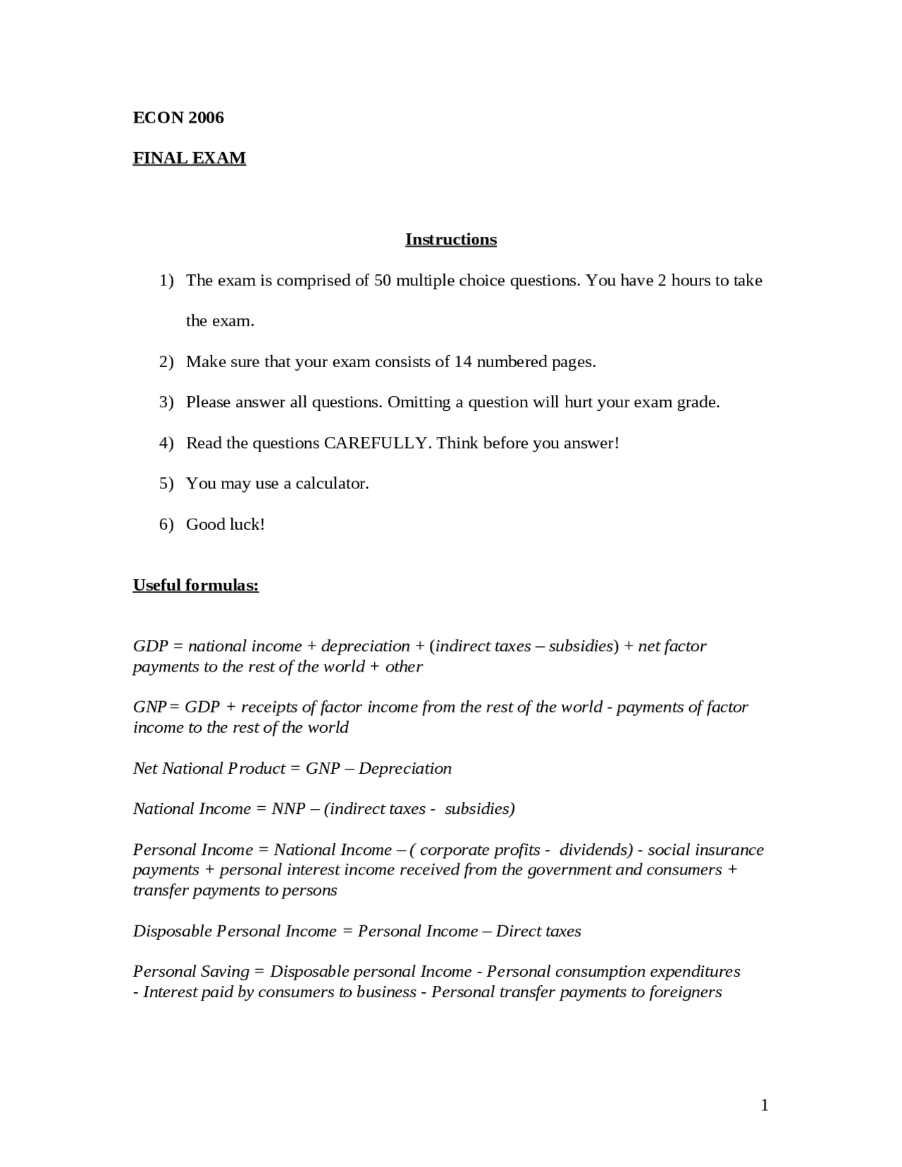 Final Examination Problems With Answers Principles Of Economics