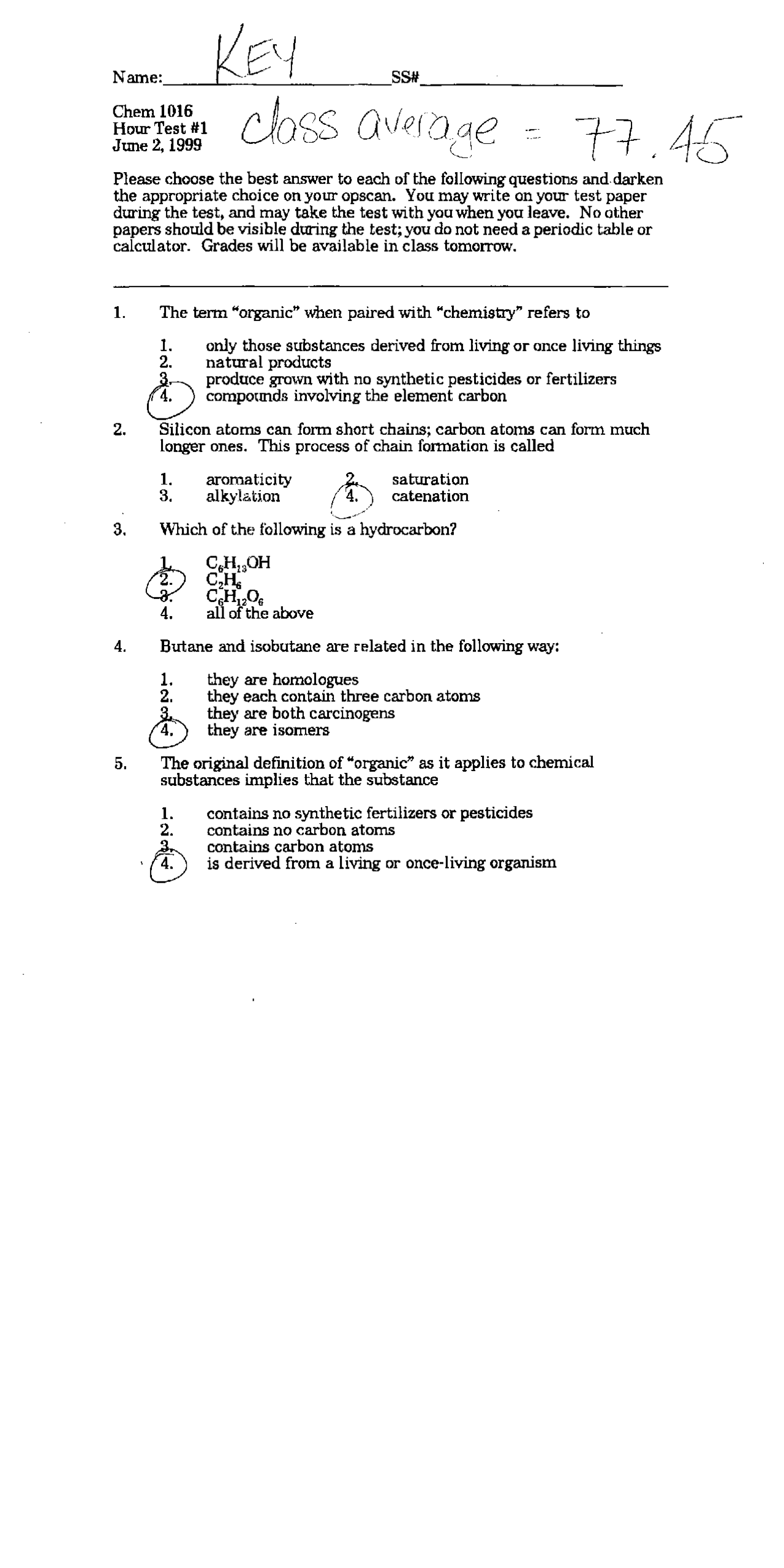 Introduction To Chemistry Exam 1 With Answer Key Chem 1016 Docsity
