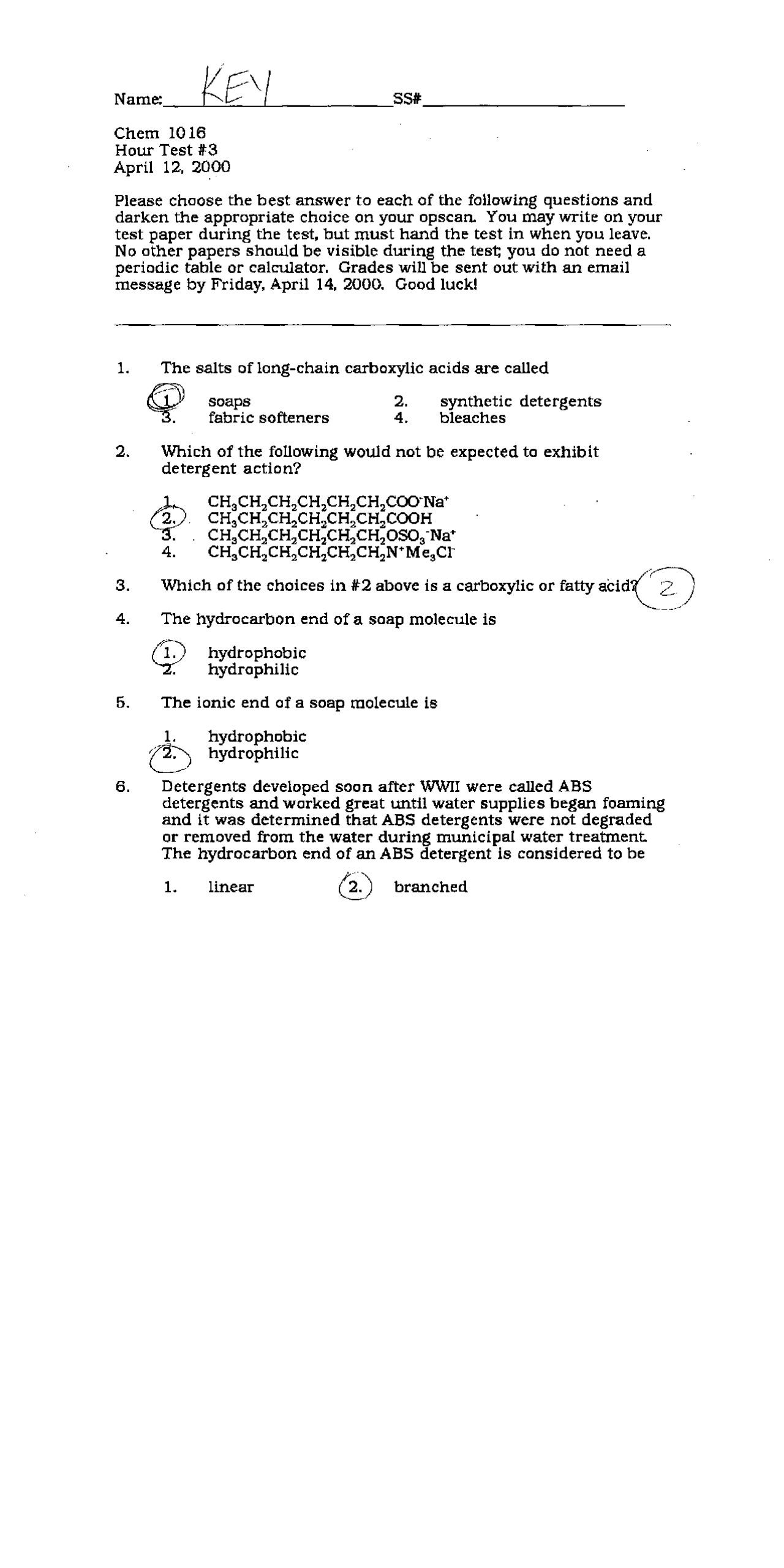 Introduction To Chemistry Answers Key Test 3 Chem 1016 Docsity
