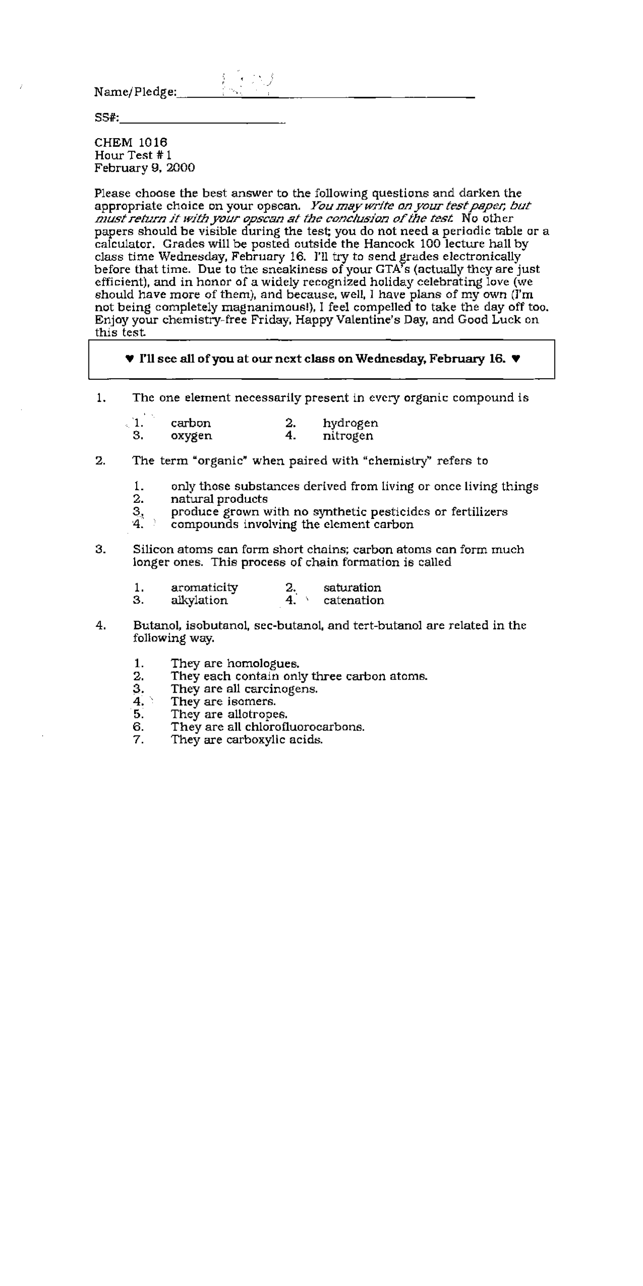 Test 1 Introduction To Chemistry Chem 1016 Docsity