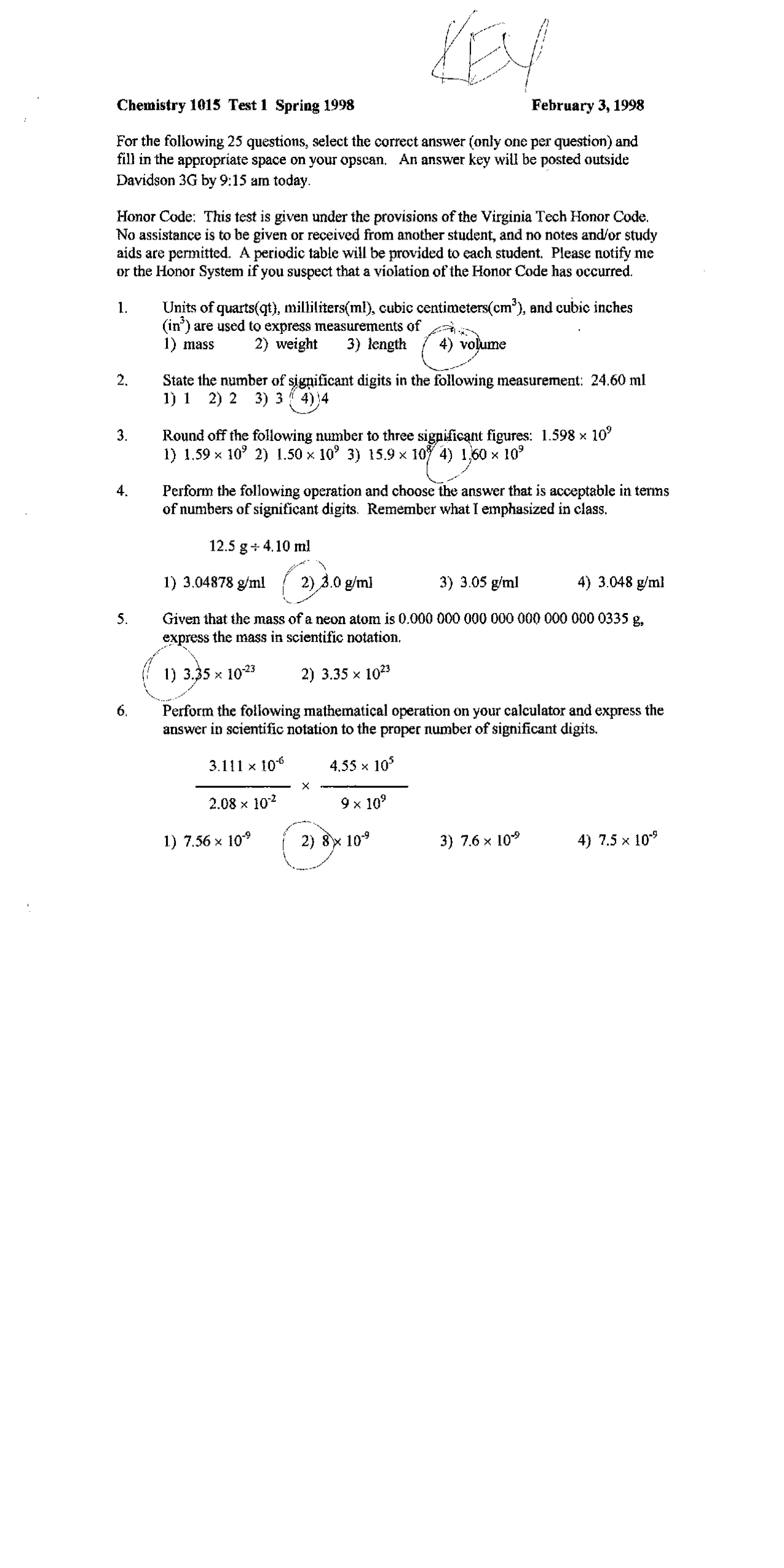 Introduction to Chemistry - Test #1 Answer Key | CHEM 1015 - Docsity