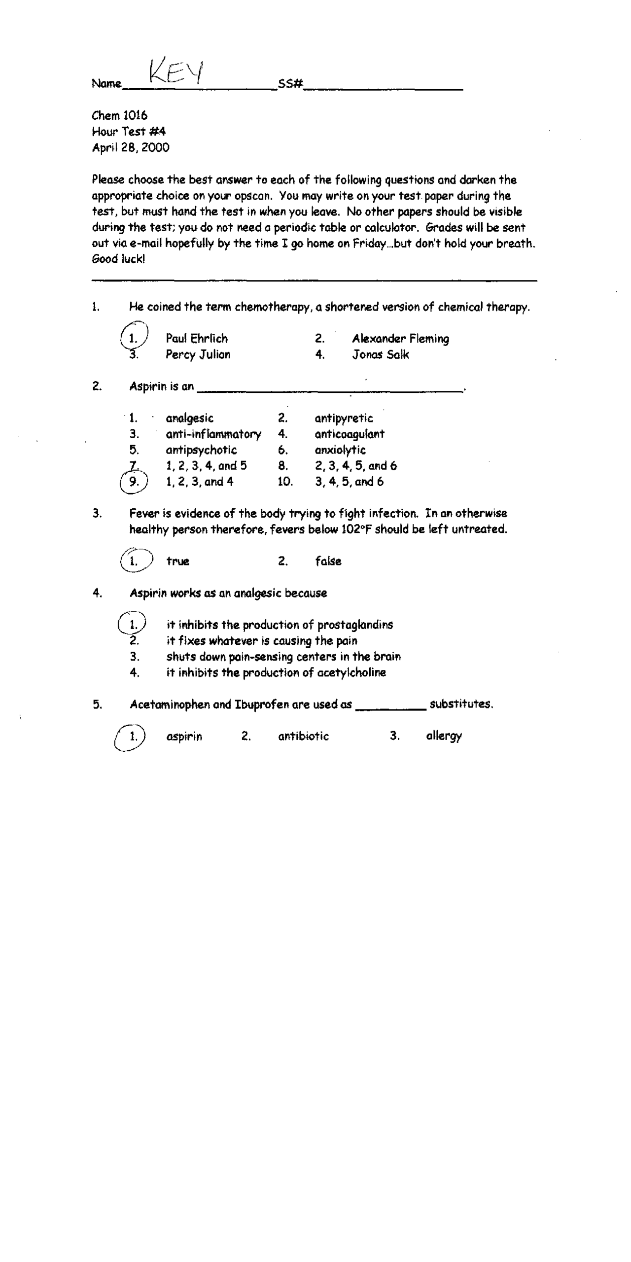 Test 4 Questions With Answer Key Introduction To Chemistry Chem