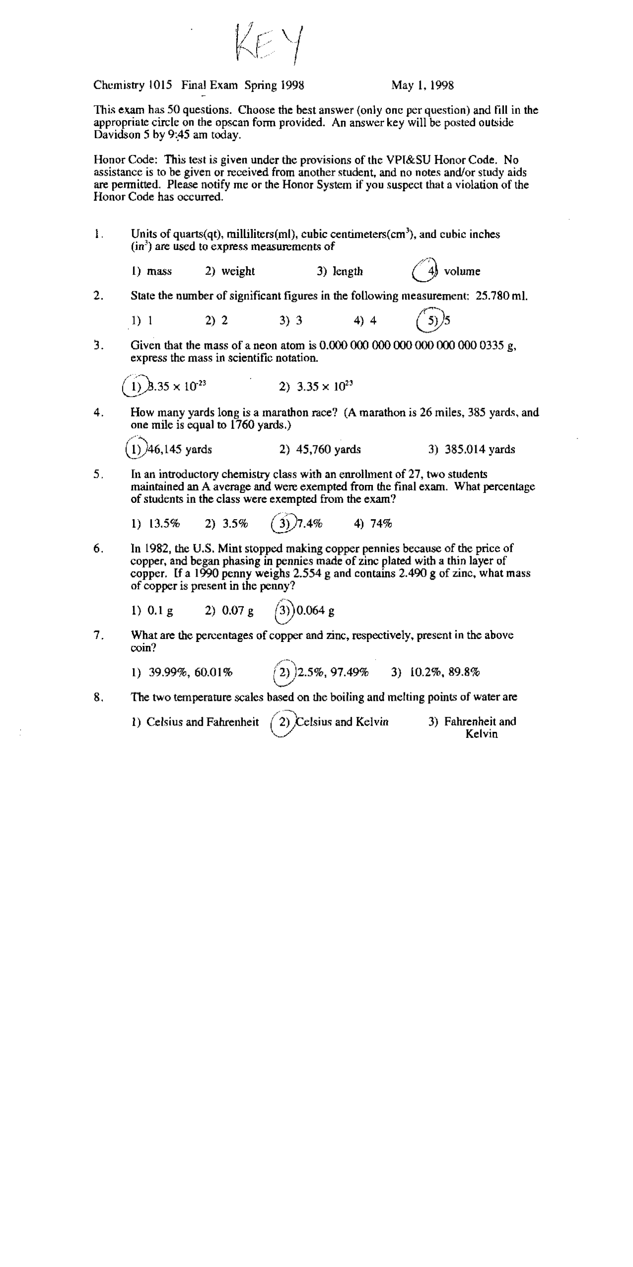 Final Exam Answer Key | Introduction to Chemistry | CHEM 1015 - Docsity