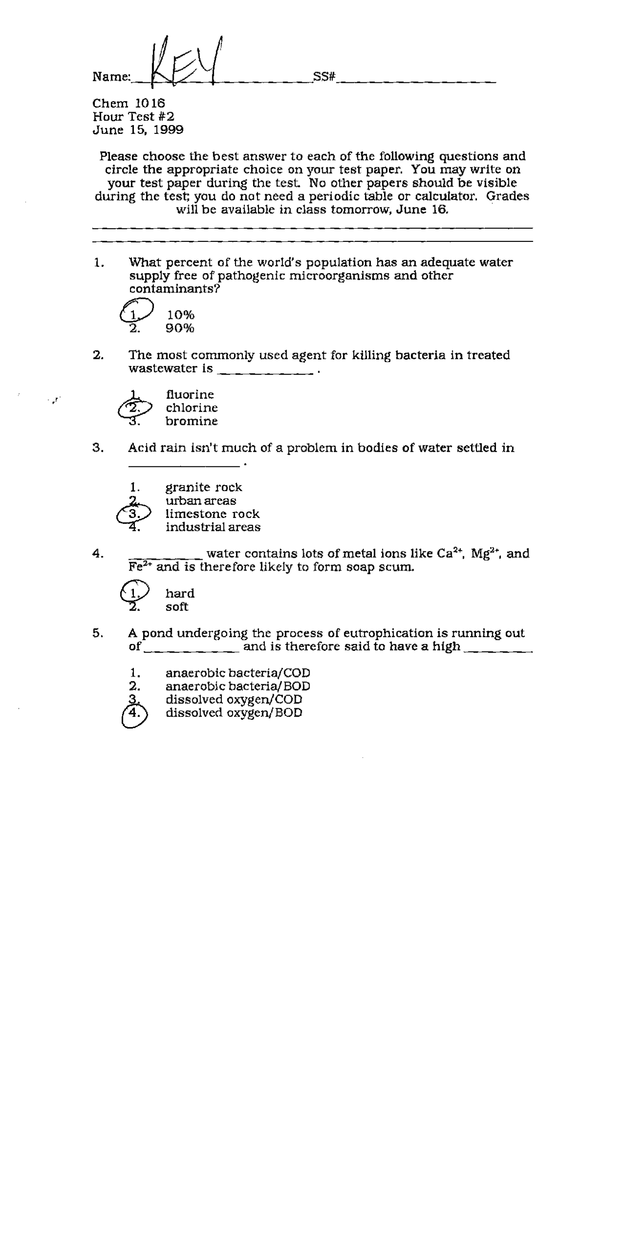 Test 2 With Solution Introduction To Chemistry Chem 1016 Docsity