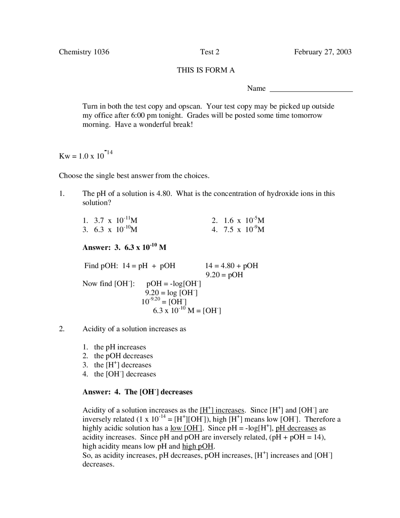 Test Two Answers General Chemistry Chem 1036 Docsity