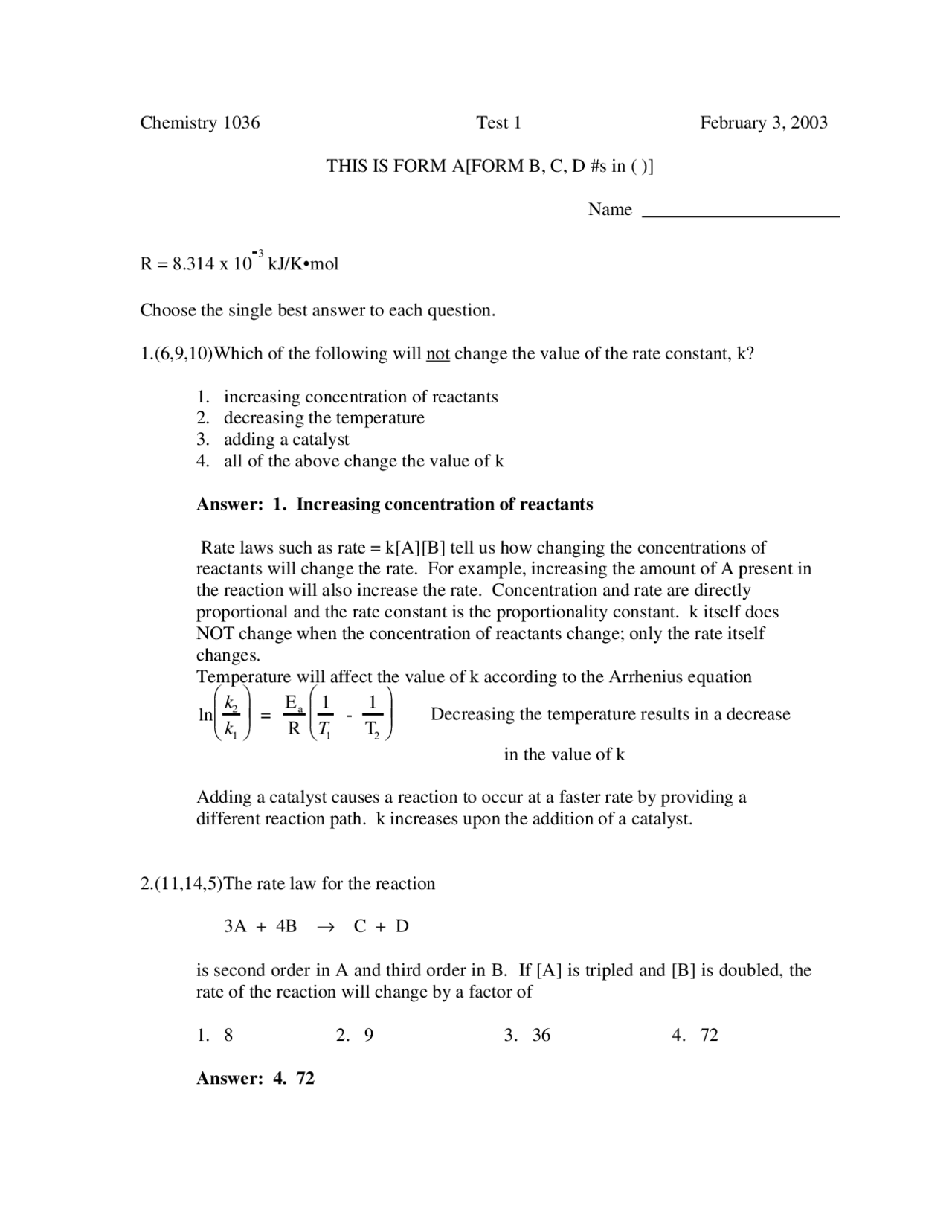 Practice Test 1 with Answer Key - General Chemistry | CHEM 1036 - Docsity