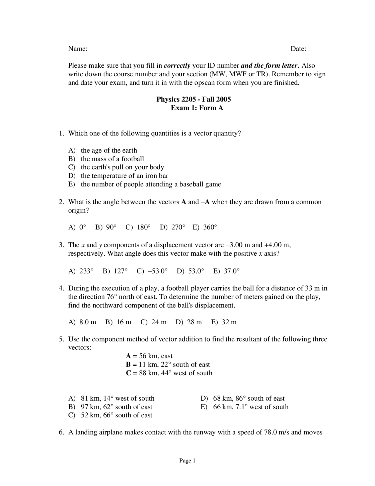 Exam 1 Sample Questions - General Physics | PHYS 2205 - Docsity