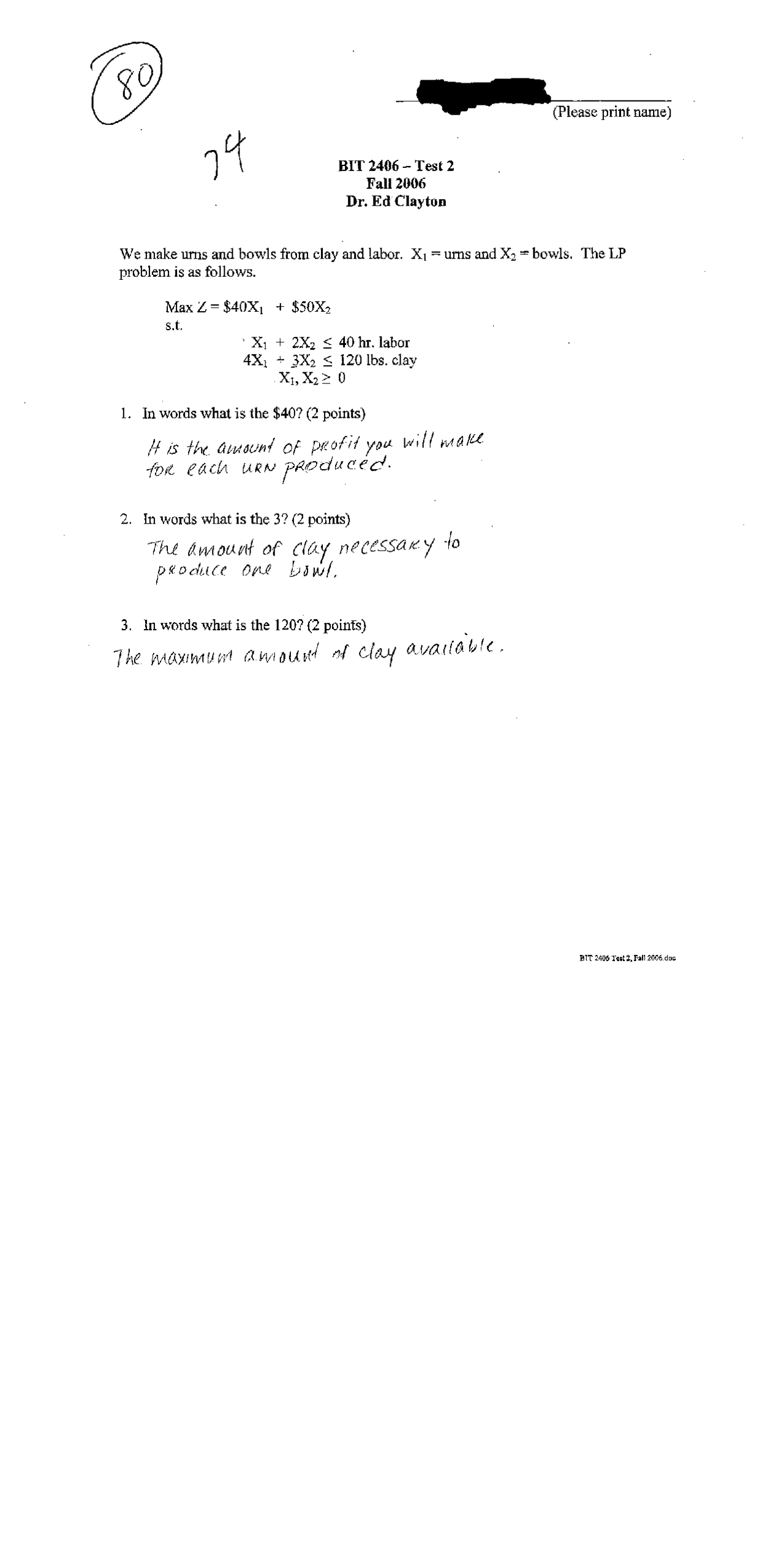 Quantitative Methods Test 2 With Answers Bit 2406 Exams