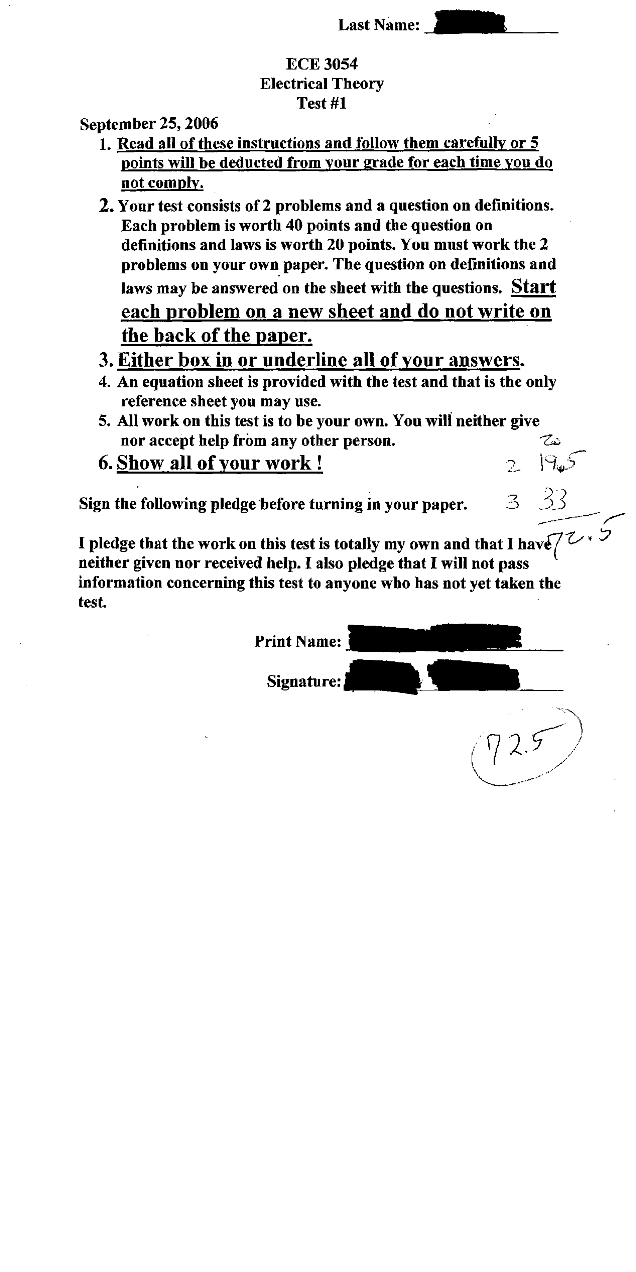 Test 1 with Answer Key - Electrical Theory | ECE 3054 - Docsity