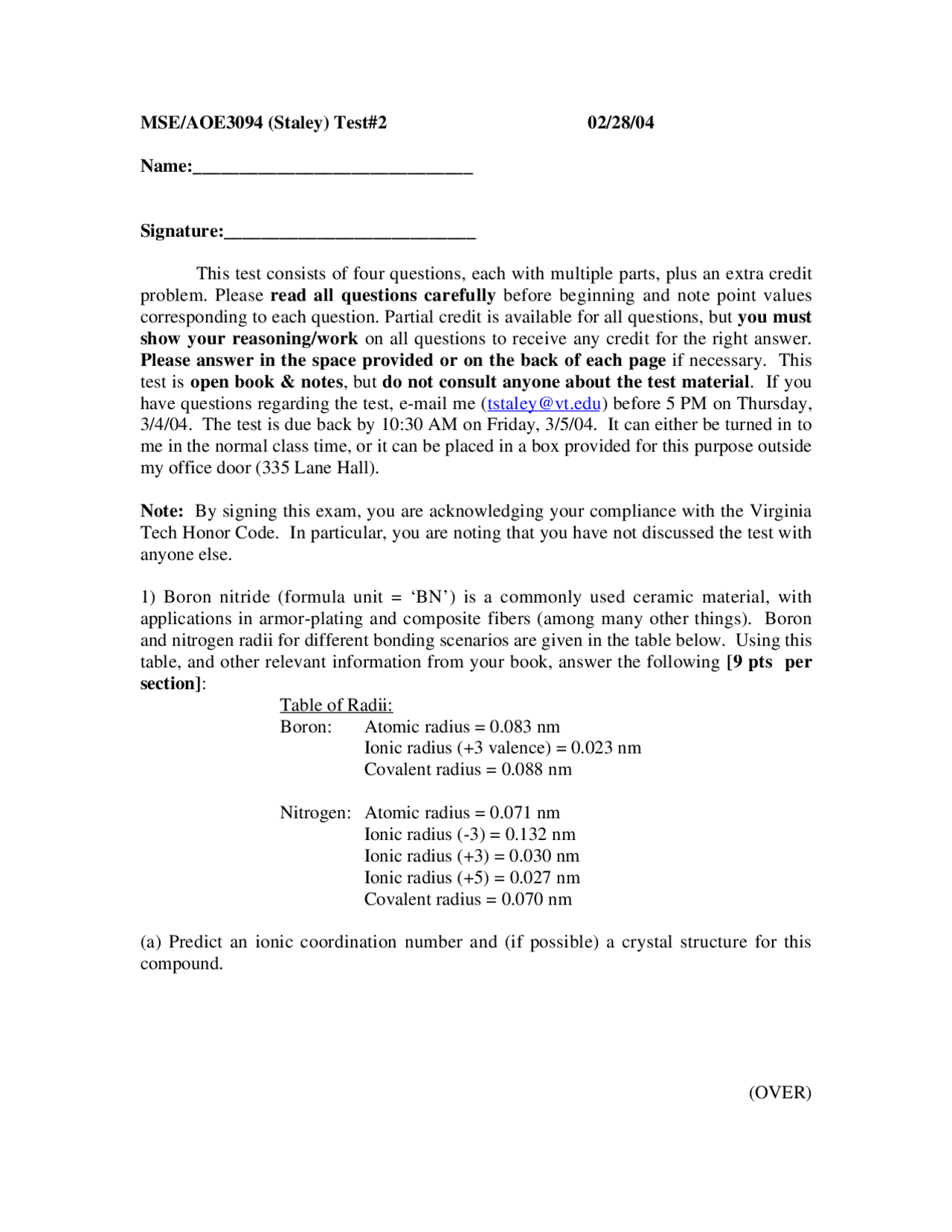 Test 2 Questions Material For Aerospace And Ocean Engineers Aoe