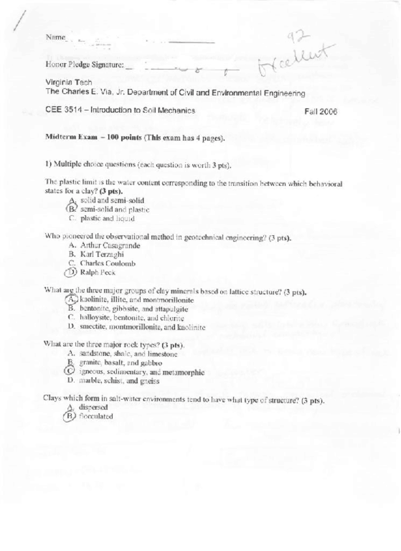Midterm Exam Solutions - Geotechnical Engineering - Fall 2006 | CEE 3514 - Docsity