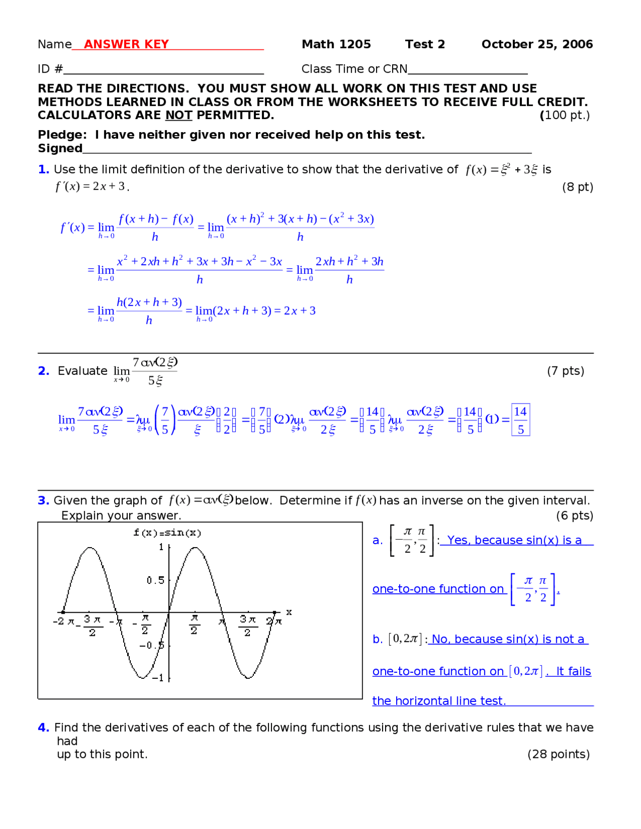 Solved Questions for Calculus - Test II | MATH 1205 - Docsity