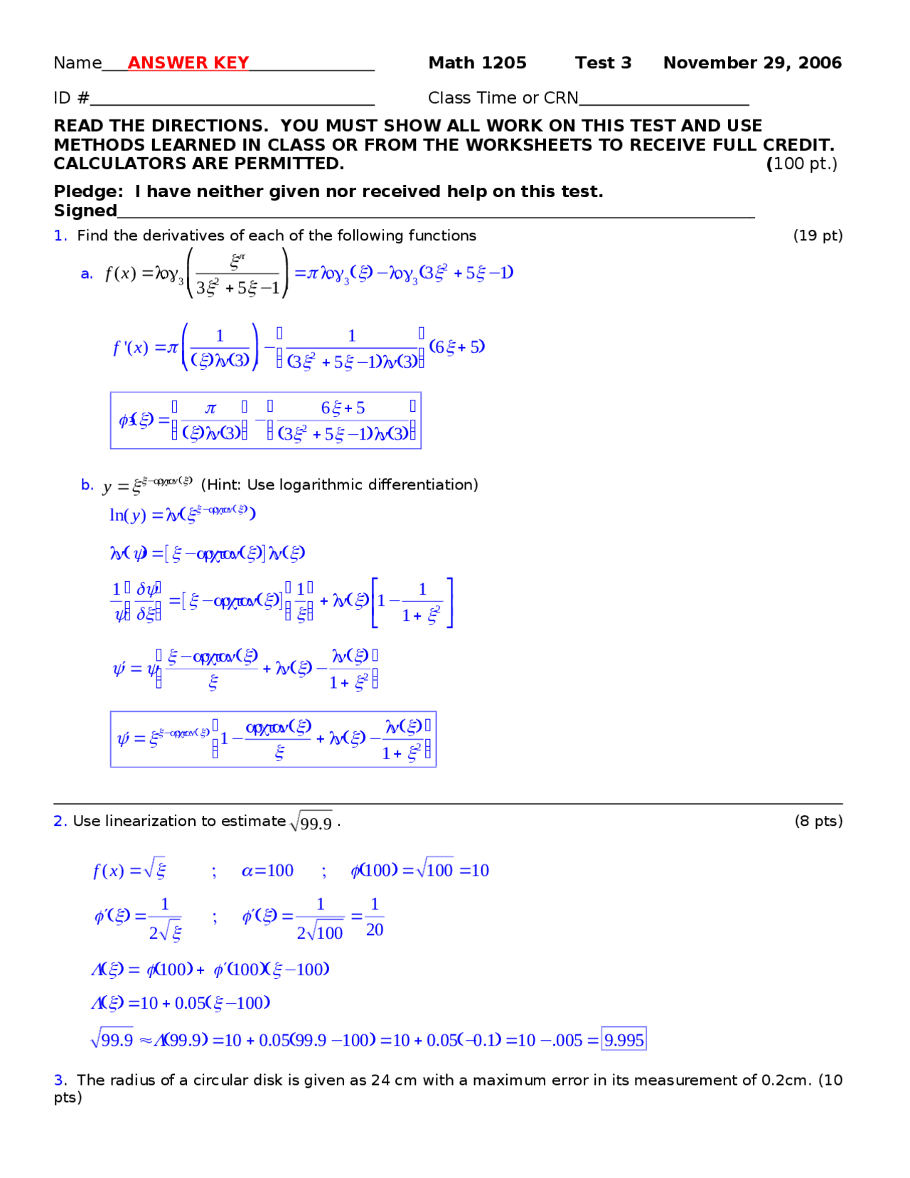 10 Questions Test3 With Answers Calculus Math 1205 Docsity