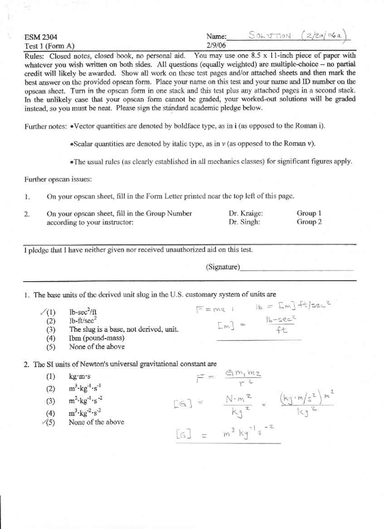 Exam 1 Form A Solutions - Dynamics | ESM 2304 | Exams Dynamics | Docsity