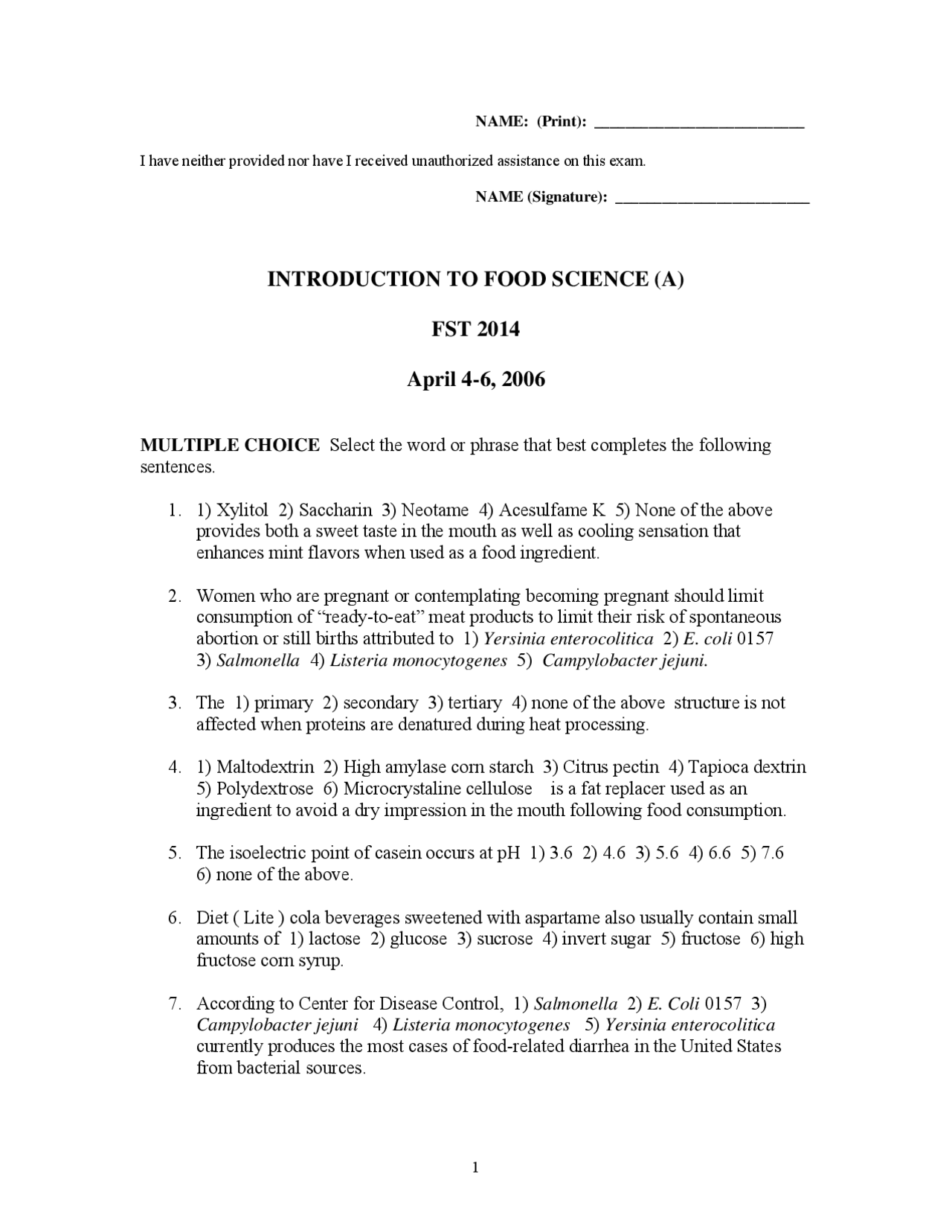 Exam 2 Introduction To Food Science Fall 2006 Fst 2014 Docsity