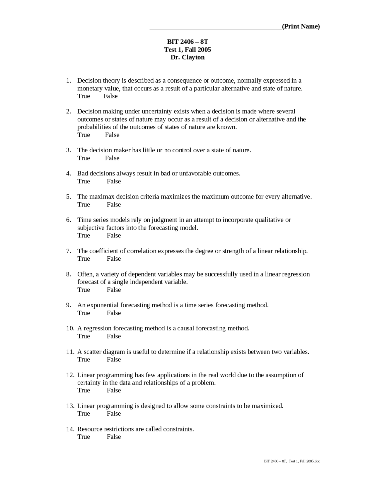 43 Multiple Choice Questions On Quantitative Methods Test 1 Bit