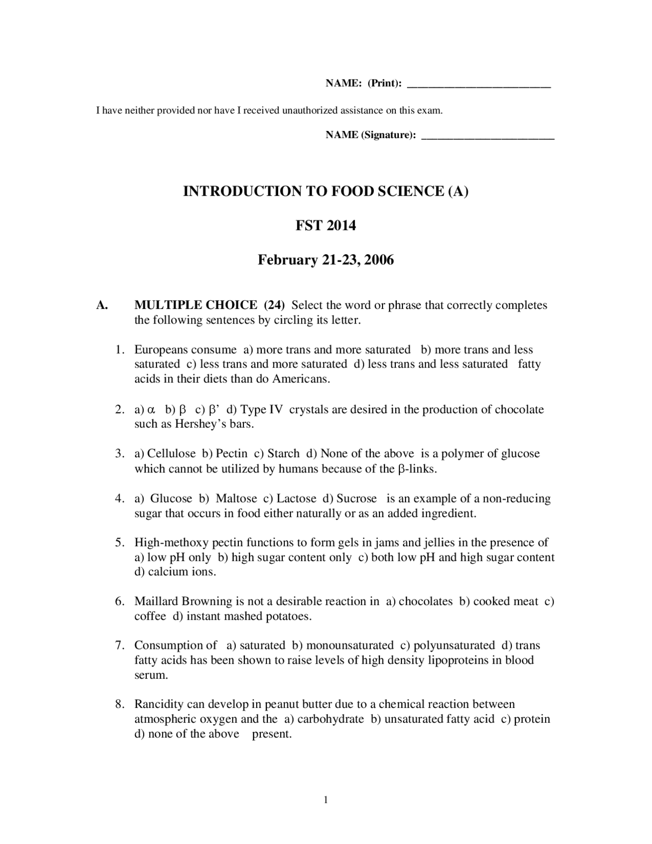 Practice Exam Questions - Introduction to Food Science | FST 2014 - Docsity