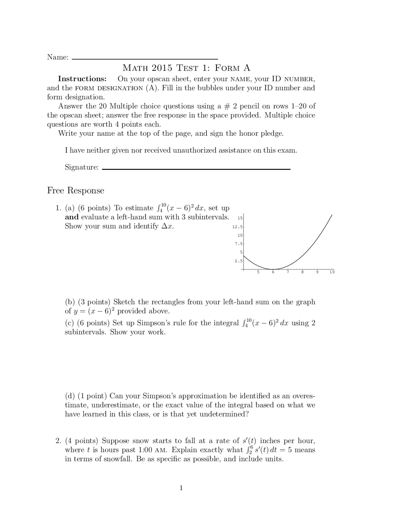 Practice Test 1 Problems on Calculus with Trigonometry II | MATH 2015 ...