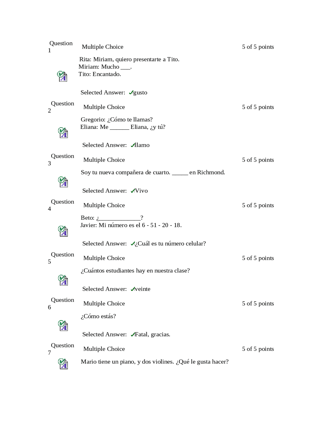 Quiz 1 with Answers | Accelerated Elementary Spanish | SPAN 1114 - Docsity