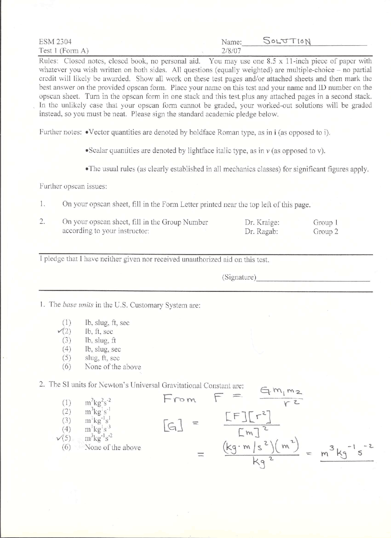 Exam #1 form A on Dynamis - with answers | ESM 2304 | Exams Dynamics | Docsity