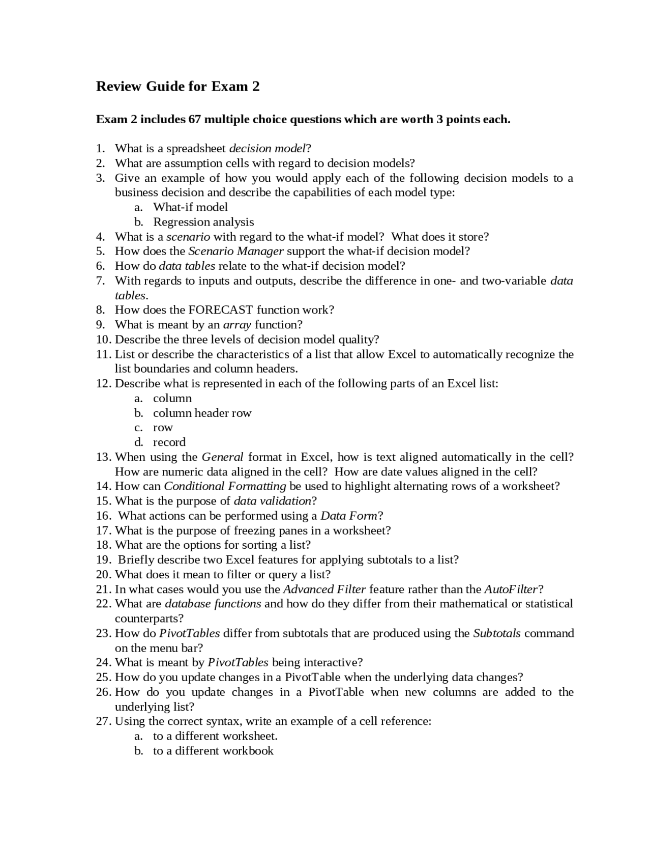 Review Guide For Exam 2 Personal Computers In Business Acis 2504