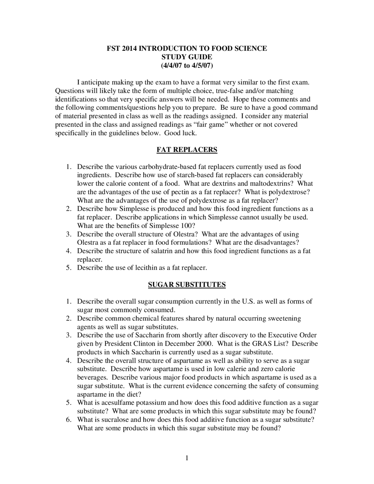 Introduction to Food Science - Study Guide | FST 2014 - Docsity