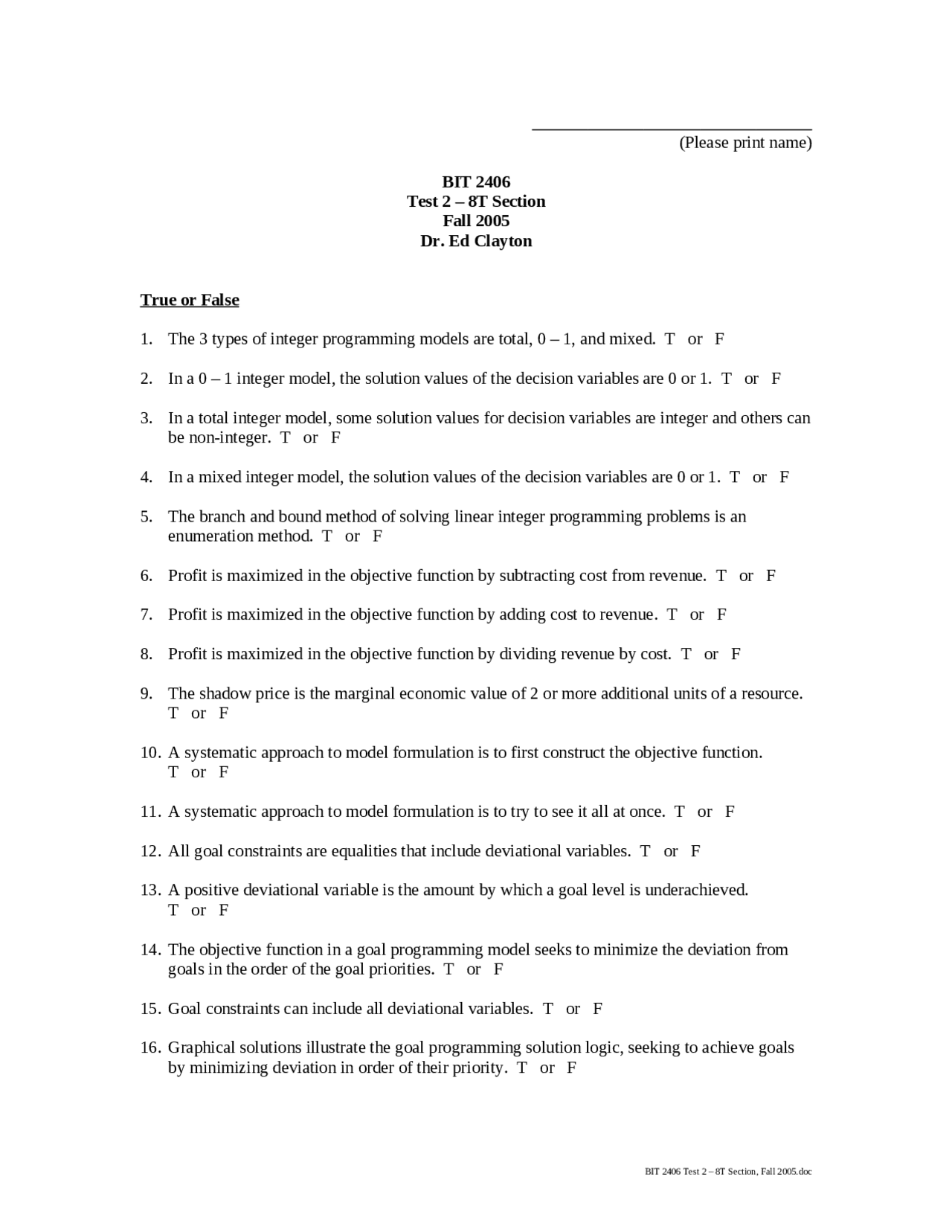 Practice Test 2 Quantitative Methods Bit 2406 Docsity