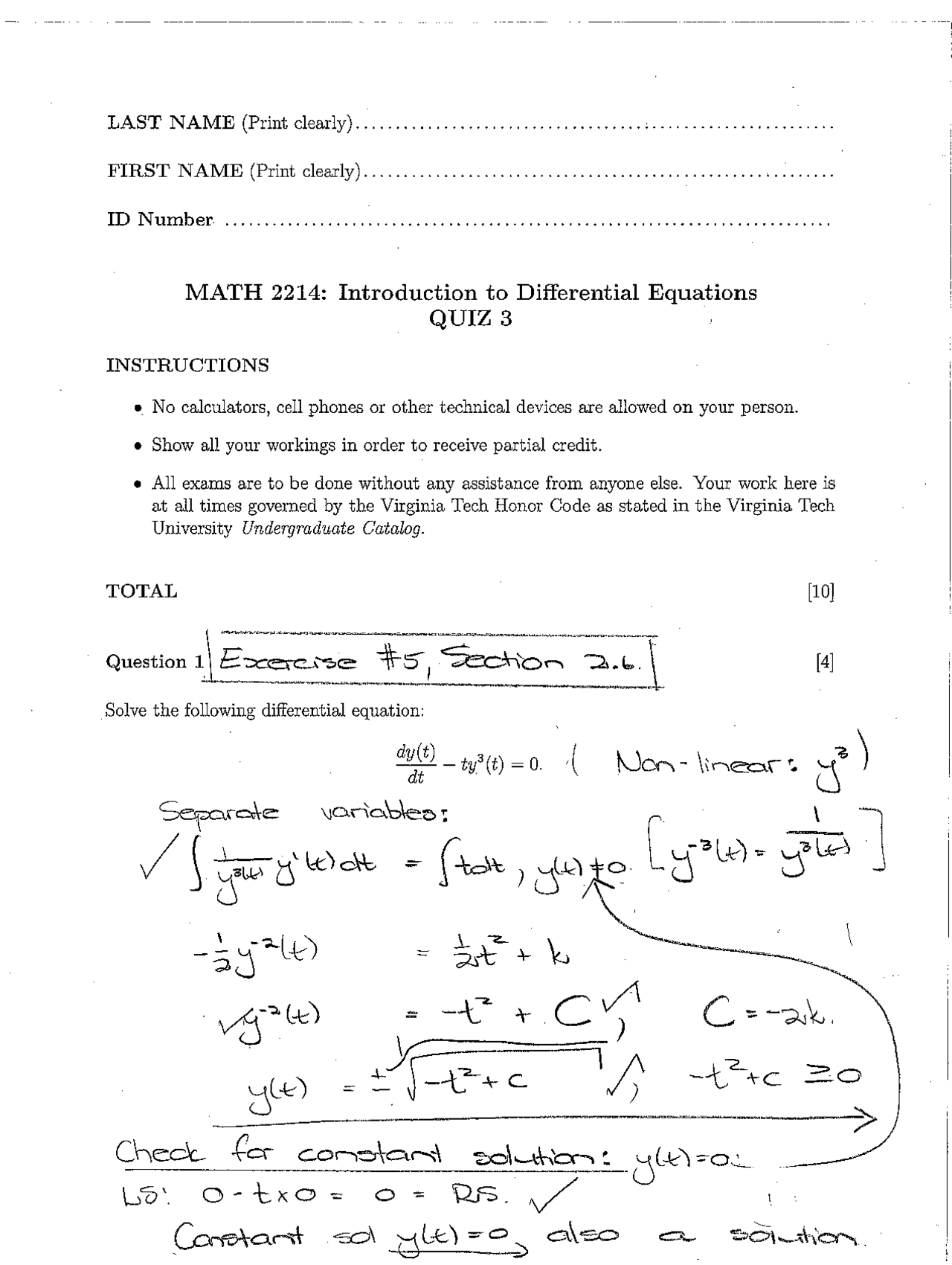 Quiz 3 With Solutions Introduction To Differentials Equations Math