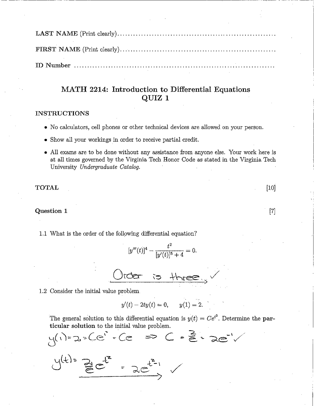 Quiz 1 With Solutions Introduction To Differentials Equations Math