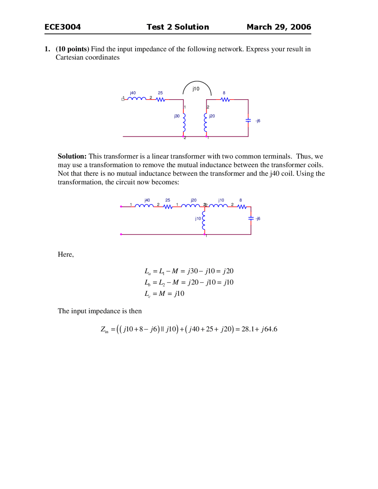 Input Impedance Test 2 Solution Ac Circuit Analysis Ece 3004 Docsity